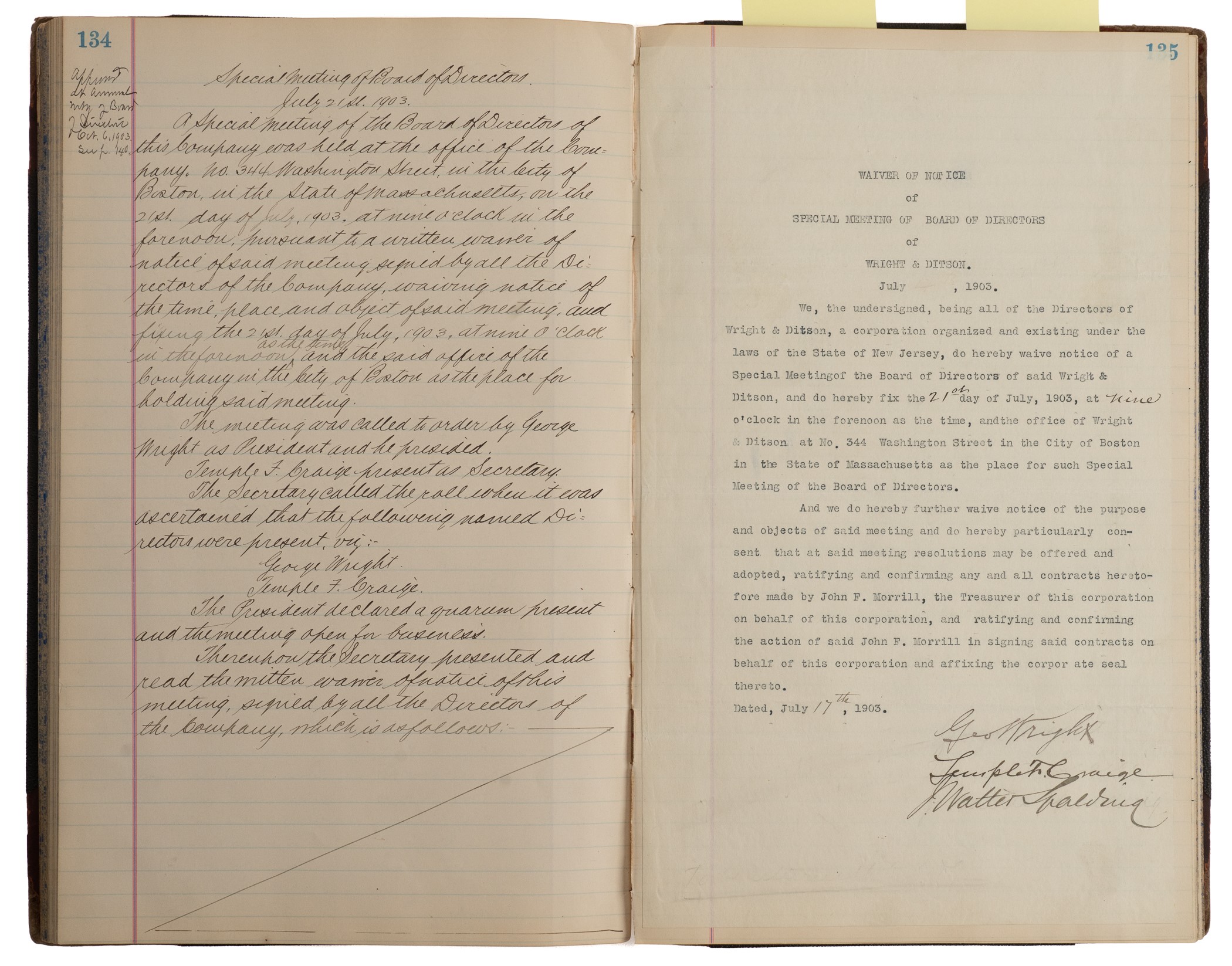 1892-1906 Wright & Ditson Minute Book Signed by George Wright (Twice) and A. G. Spalding (Three ...