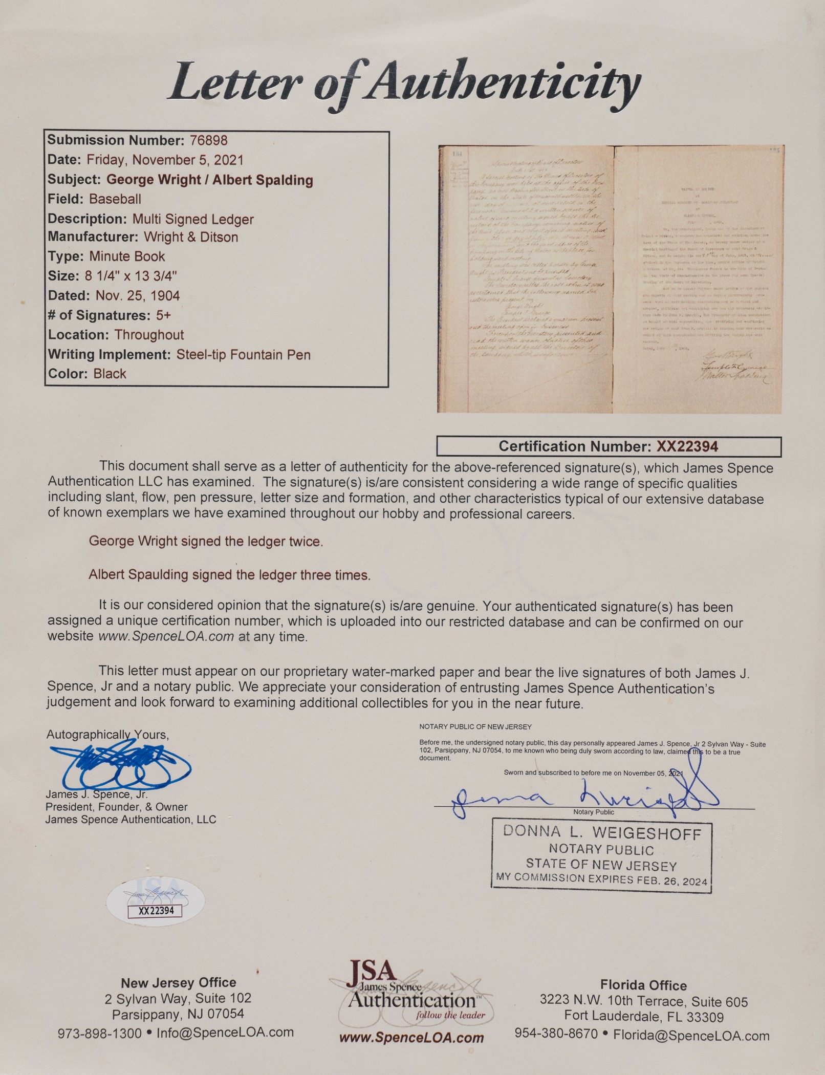 1892-1906 Wright & Ditson Minute Book Signed by George Wright (Twice ...