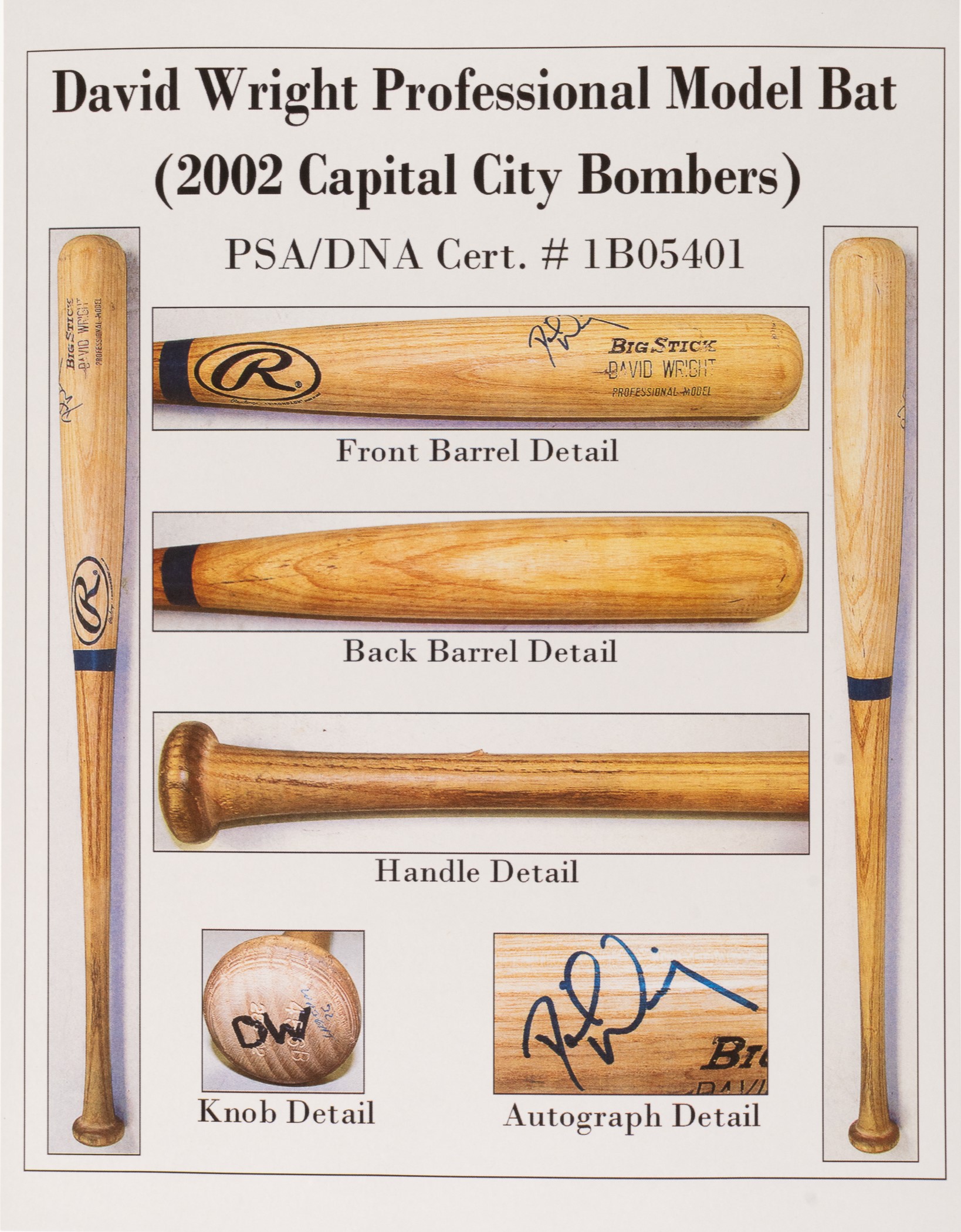 2002 David Wright Capital City Bombers Signed Game-Used Bat - PSA/DNA ...