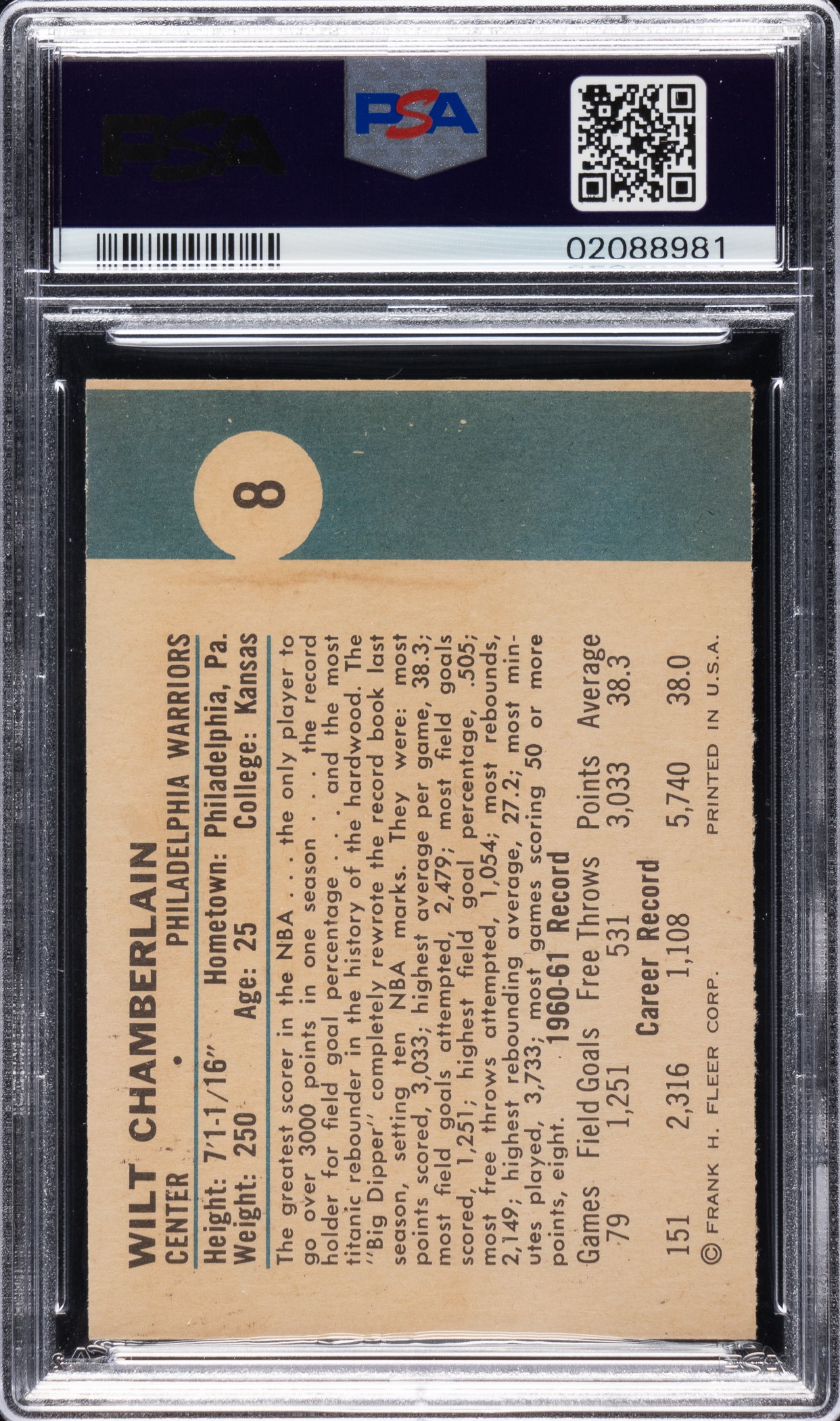1961-1962 Fleer Basketball #8 Wilt Chamberlain Rookie PSA NM-MT 8 | REA ...