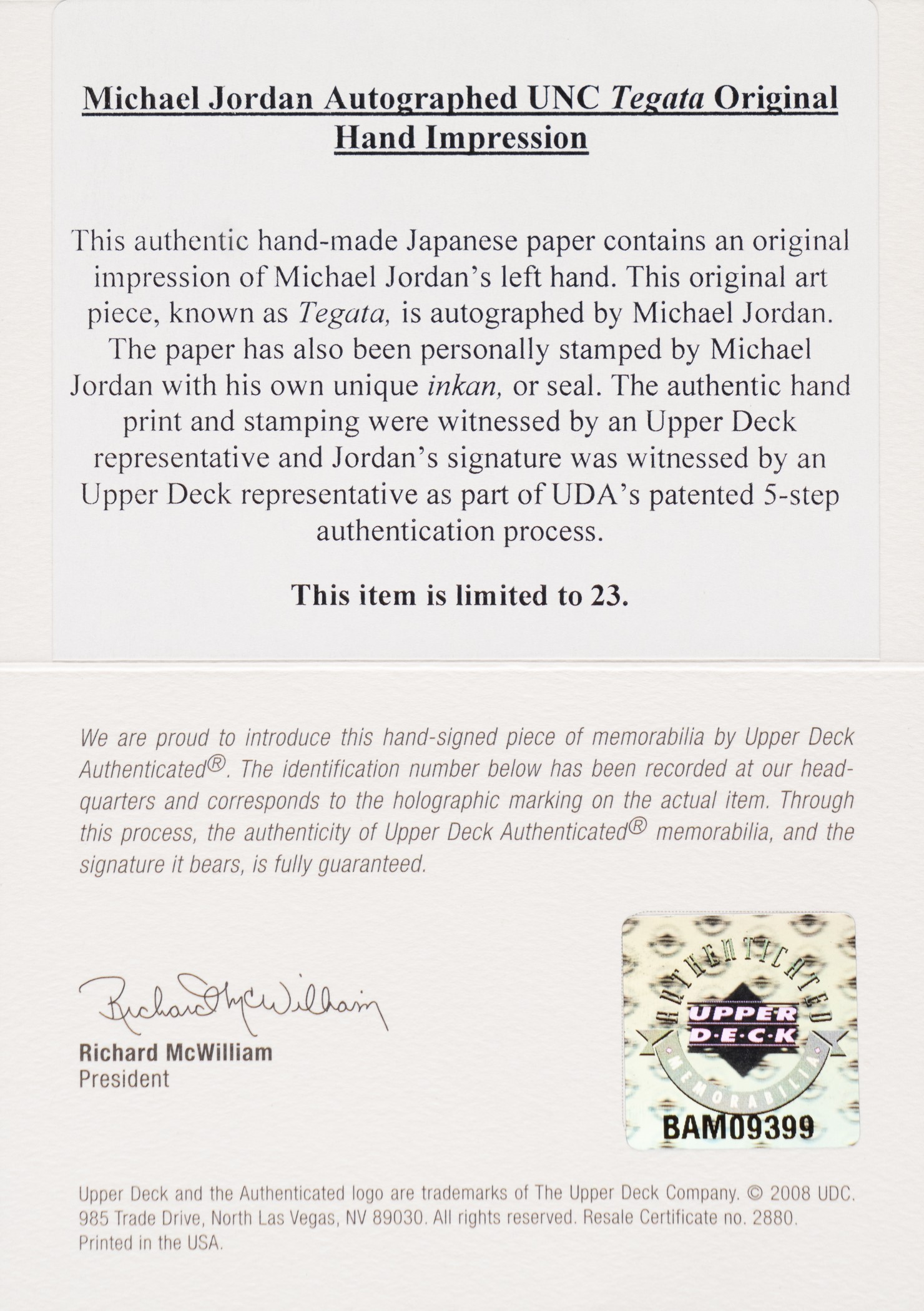 Michael Jordan Signed Limited-Edition Tegata Handprint - Upper Deck ...