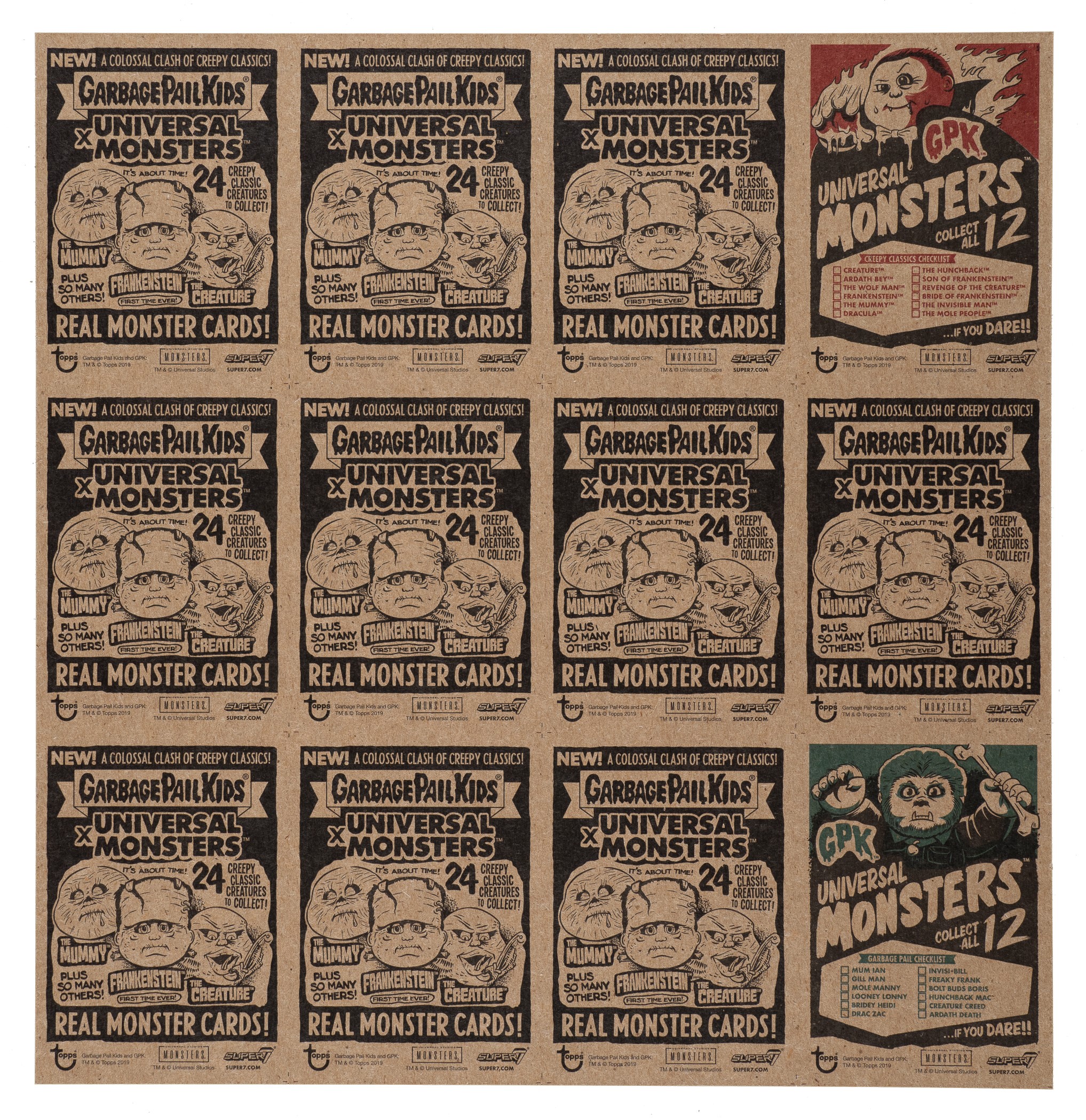 2019 Topps and Universal Garbage Pail Kids "Monsters" Uncut Sheet (12 ...