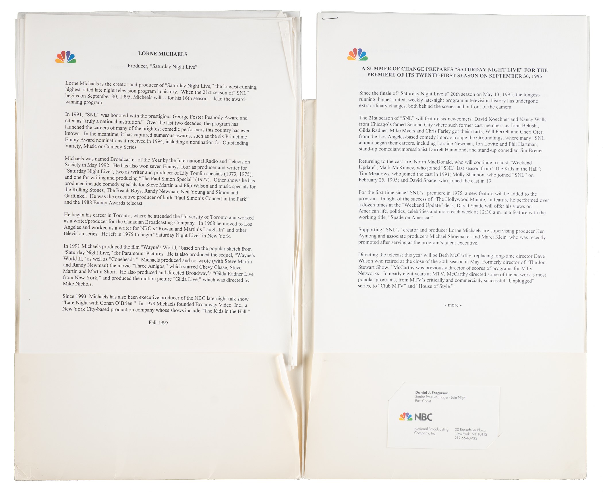 1995 Saturday Night Live NBC Press Kit with Signed Cast Headshots (12 ...