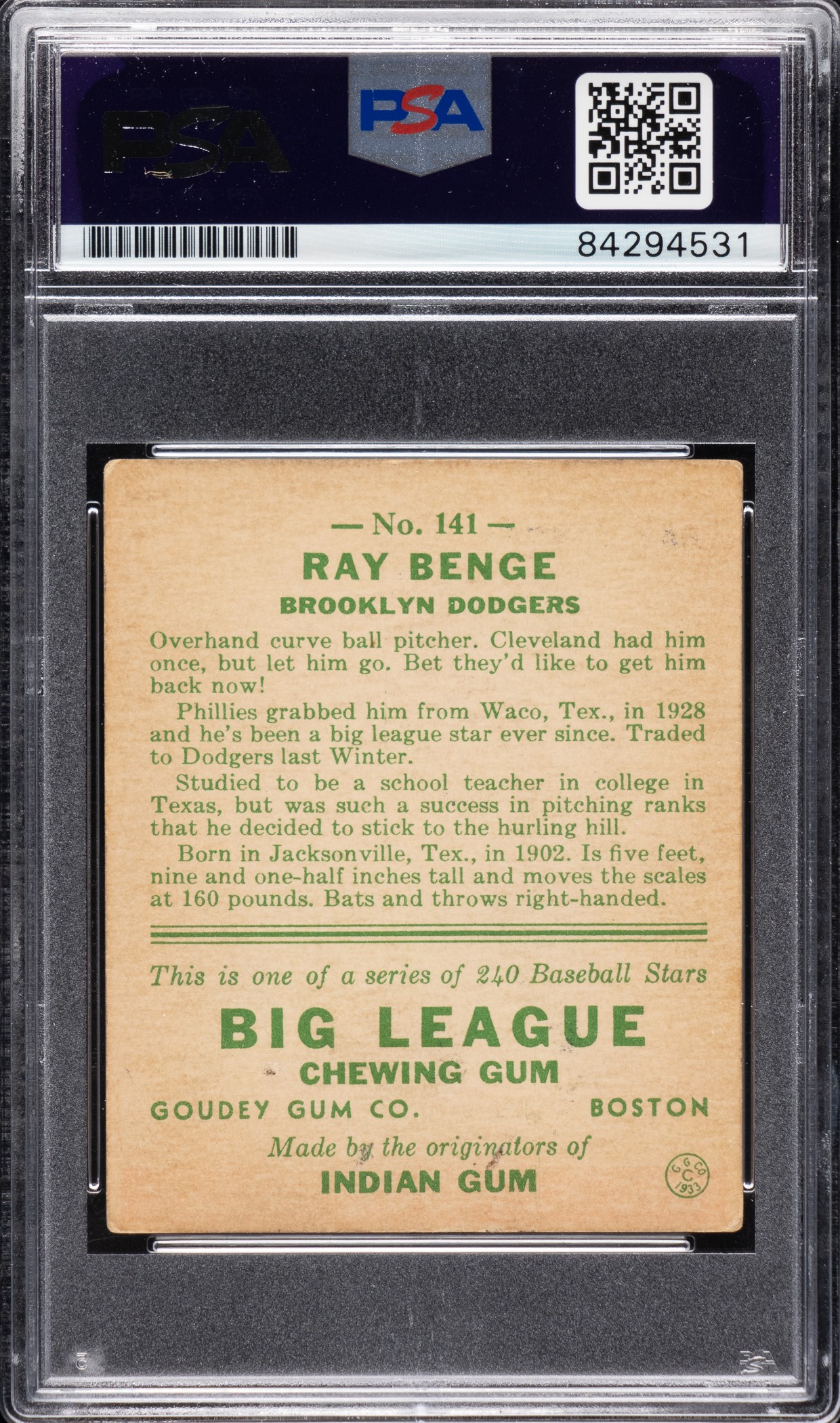 Signed 1933 R319 Goudey #141 Ray Benge - PSA/DNA | REA Archive