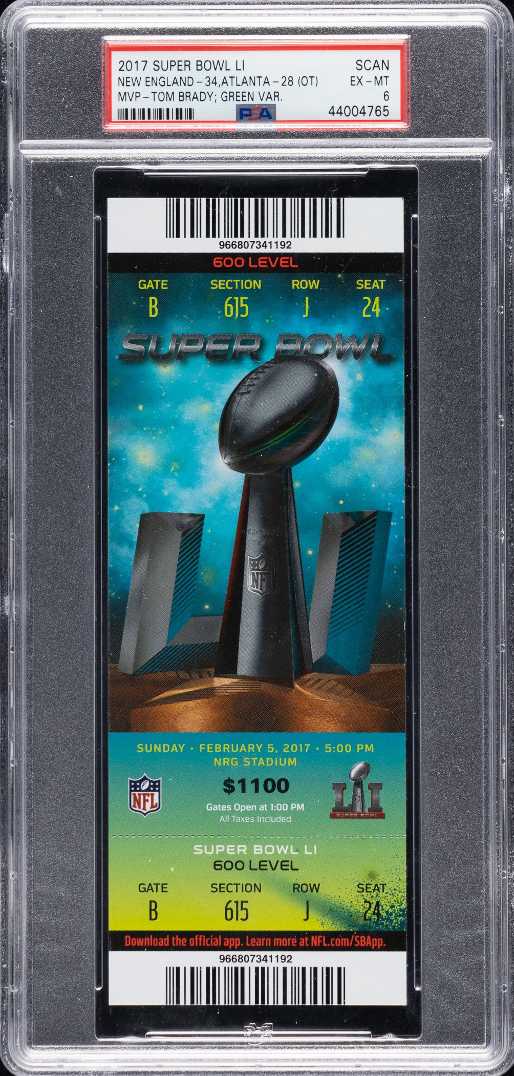 2017 Super Bowl LI Scan Ticket PSA EX-MT 6 - Green Variation - MVP Tom Brady | REA Archive