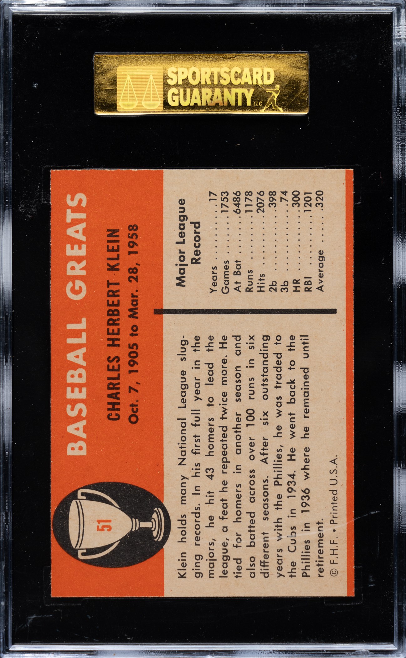 1961-1962 Fleer All-Time Greats #51 Chuck Klein SGC MINT 96 (Lionel ...