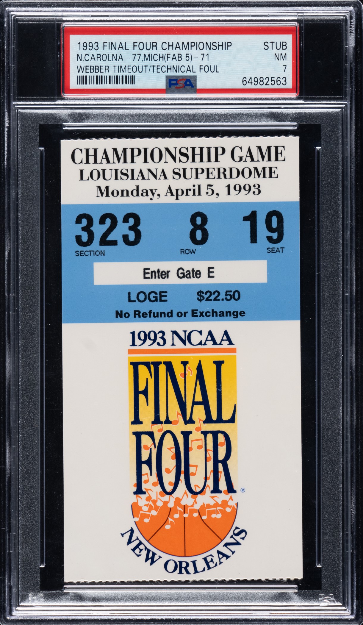 1993 NCAA Basketball Championship Game Ticket Stub PSA NM 7 - Chris ...