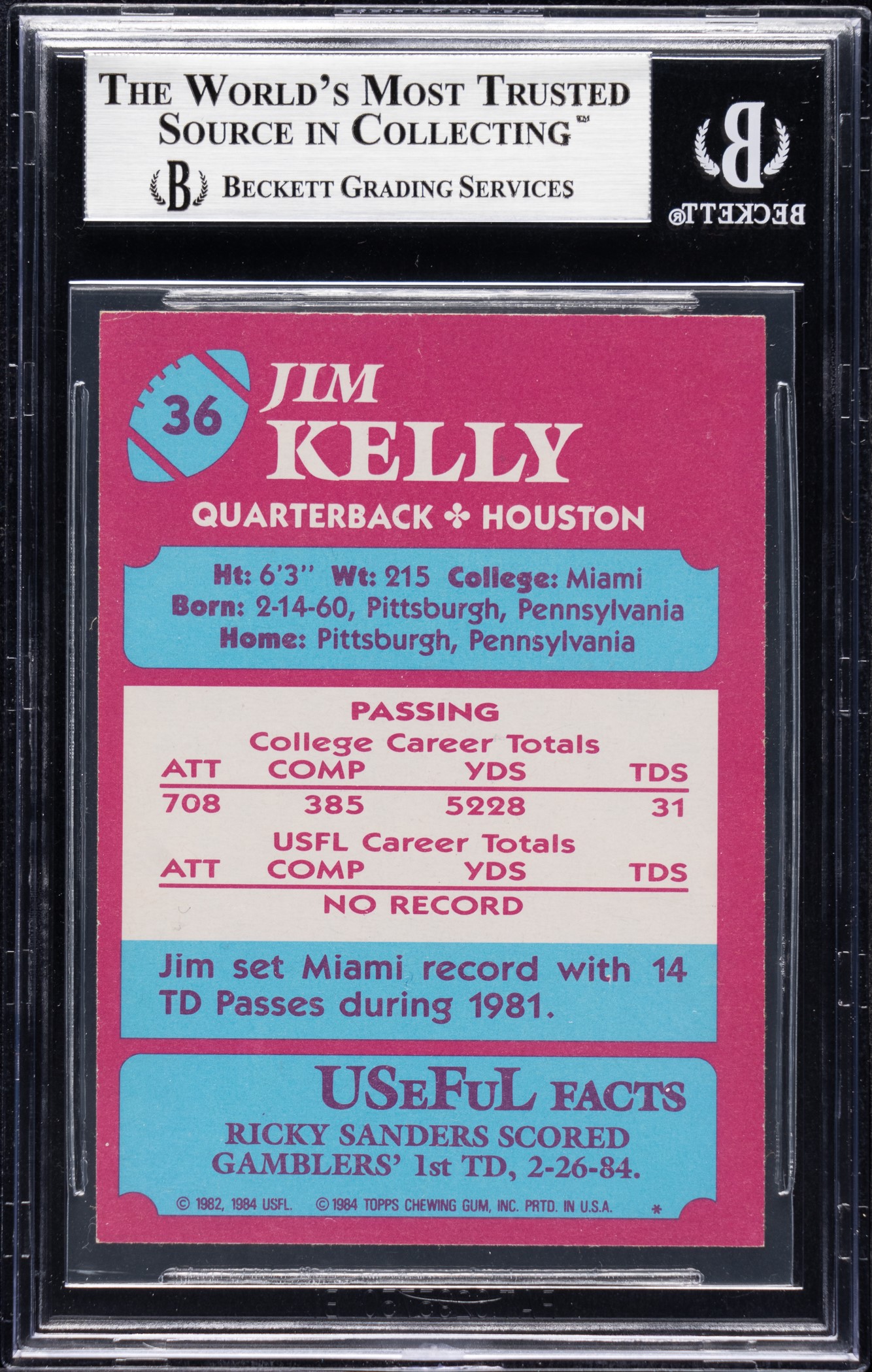 Signed 1984 Topps USFL Football #36 Jim Kelly Rookie - Beckett | REA ...