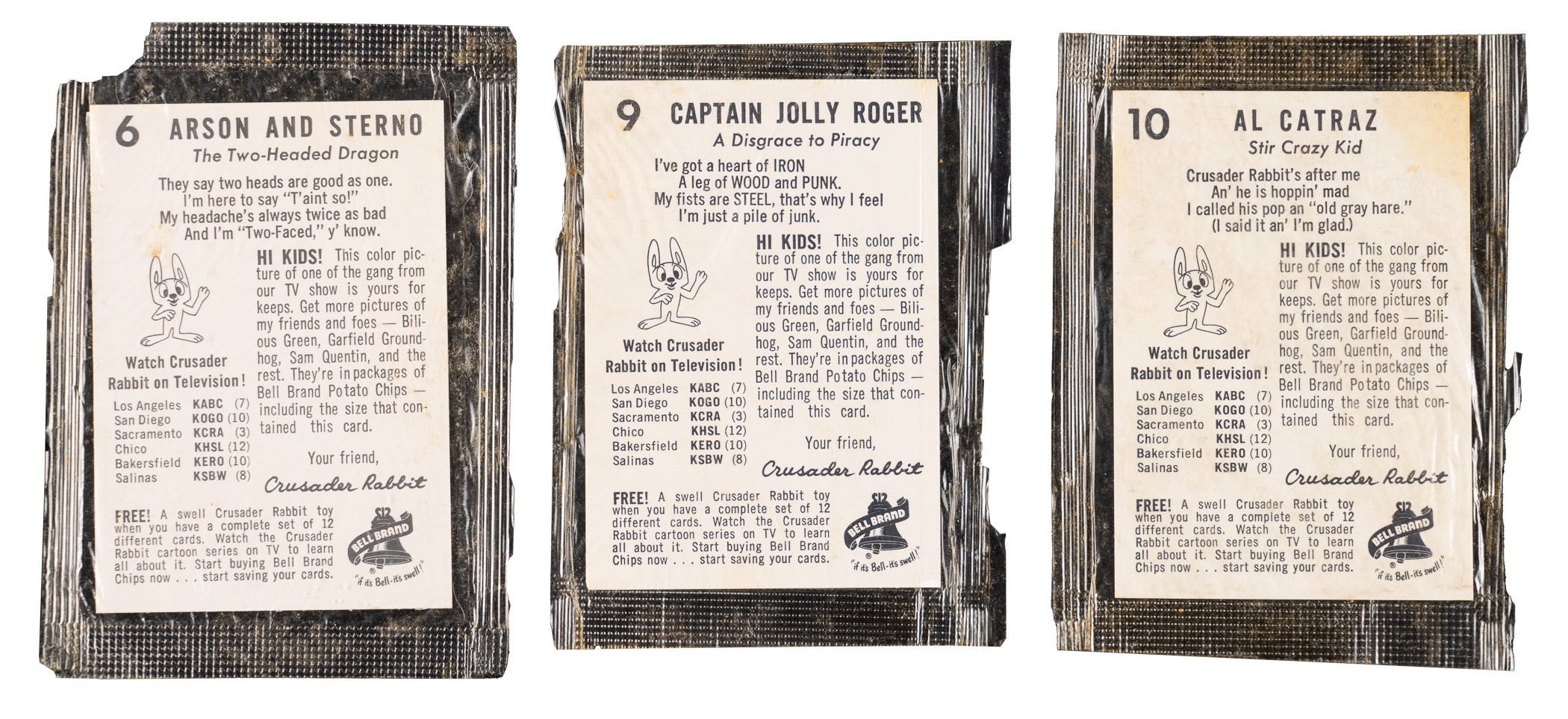 1962 Bell Brand Crusader Rabbit Cello Pack Trio: Arson and Sterno ...