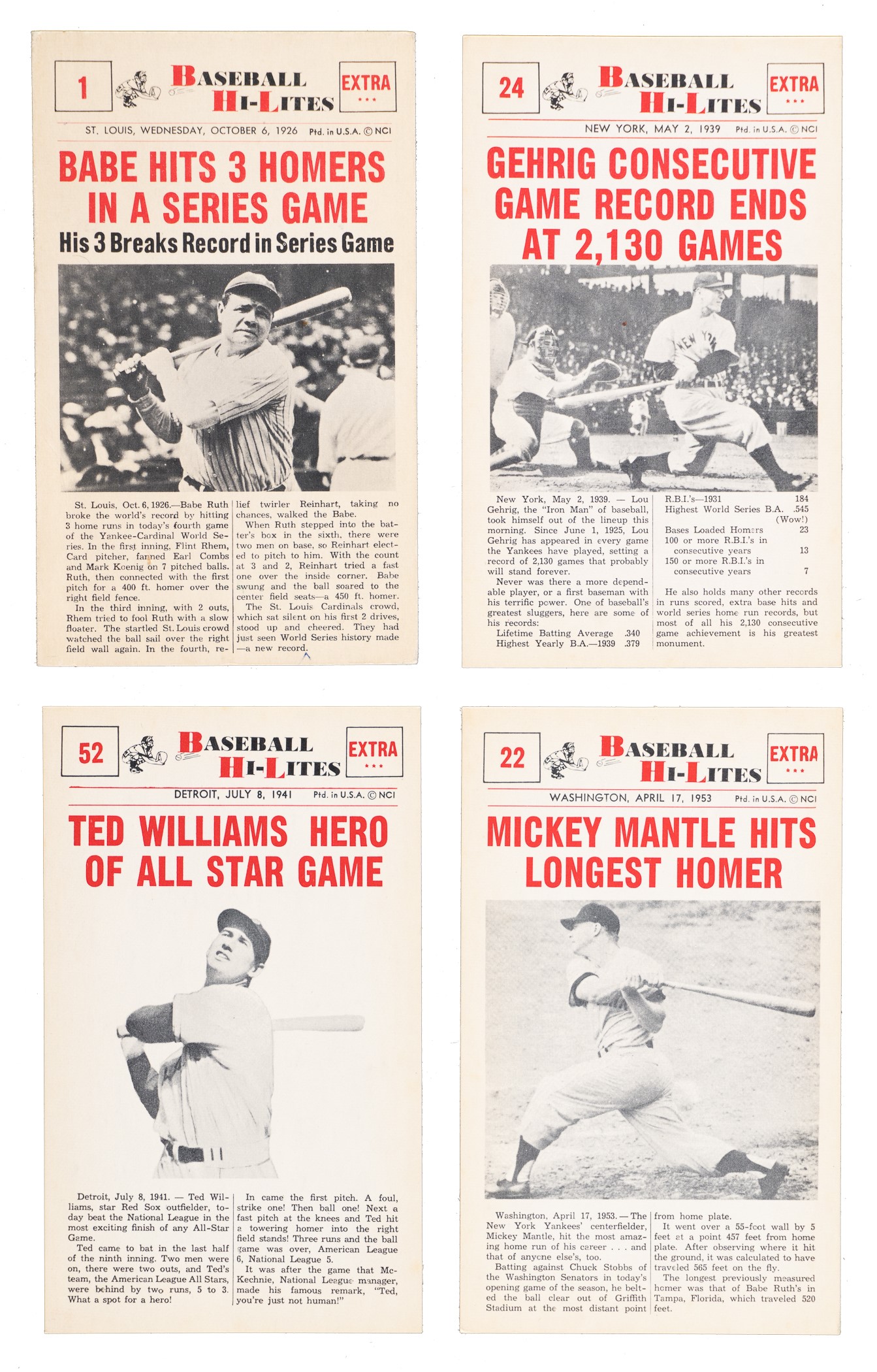 1960 Nu-Card Baseball Hi-Lites Complete Set (72) | REA Archive
