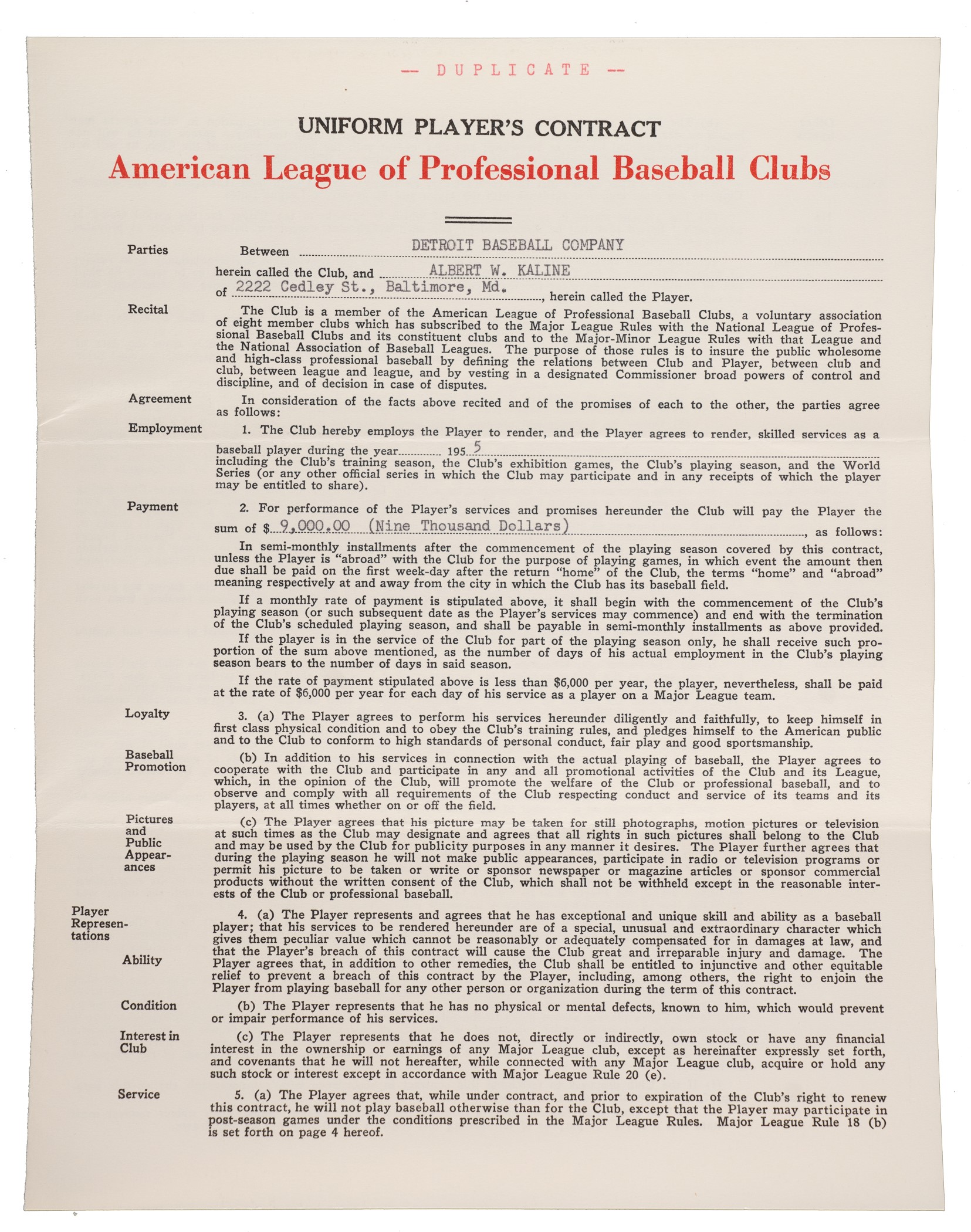 1955 Al Kaline Detroit Tigers Contract Signed by Muddy Ruel - From The ...