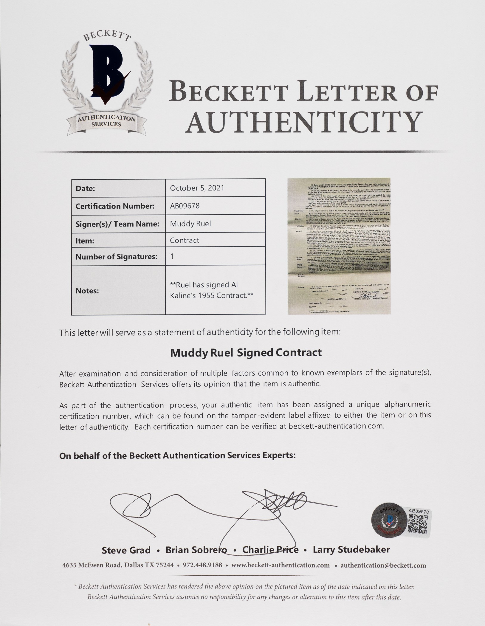 1955 Al Kaline Detroit Tigers Contract Signed by Muddy Ruel - From The ...