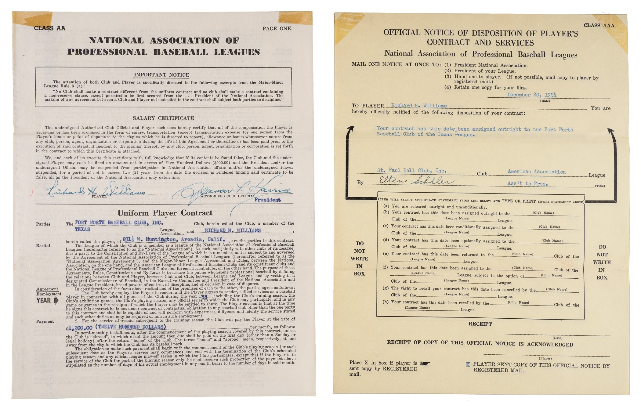 1955 Dick Williams Fort Worth (Texas) Contract | REA Archive