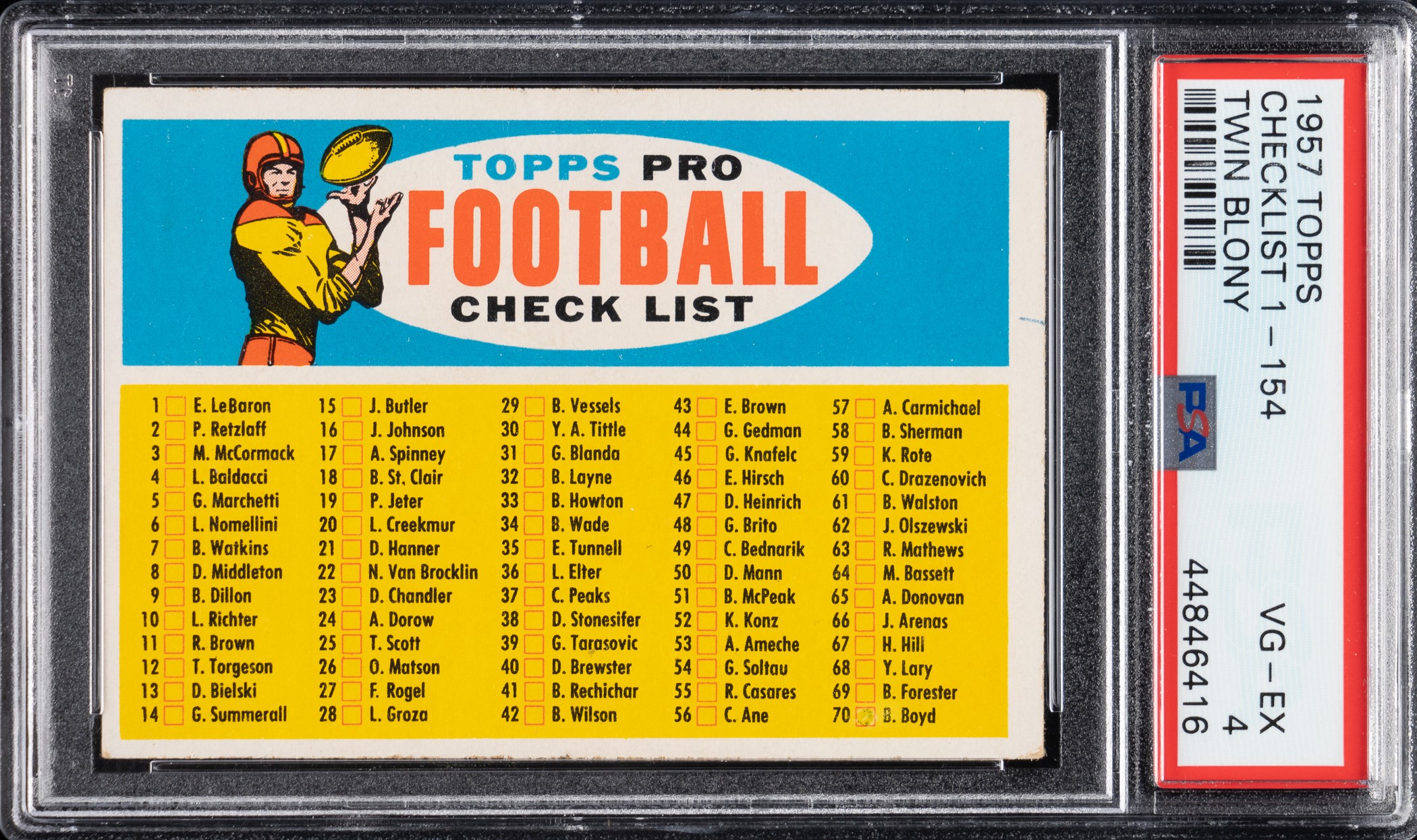 1957 Topps Football Twin Blony Checklist PSA VG-EX 4 | REA Archive