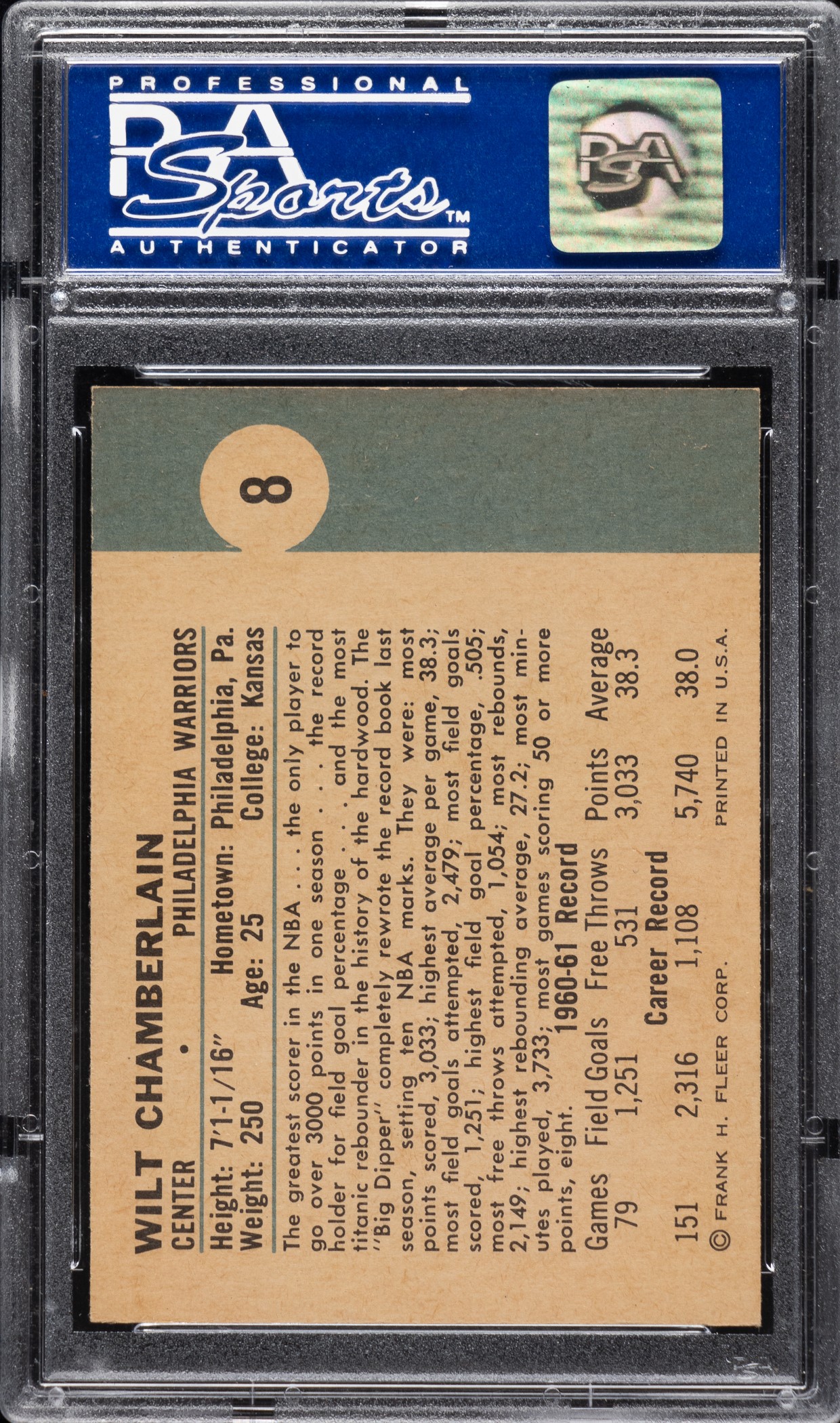 1961-1962 Fleer Basketball #8 Wilt Chamberlain Rookie PSA NM-MT 8 | REA ...