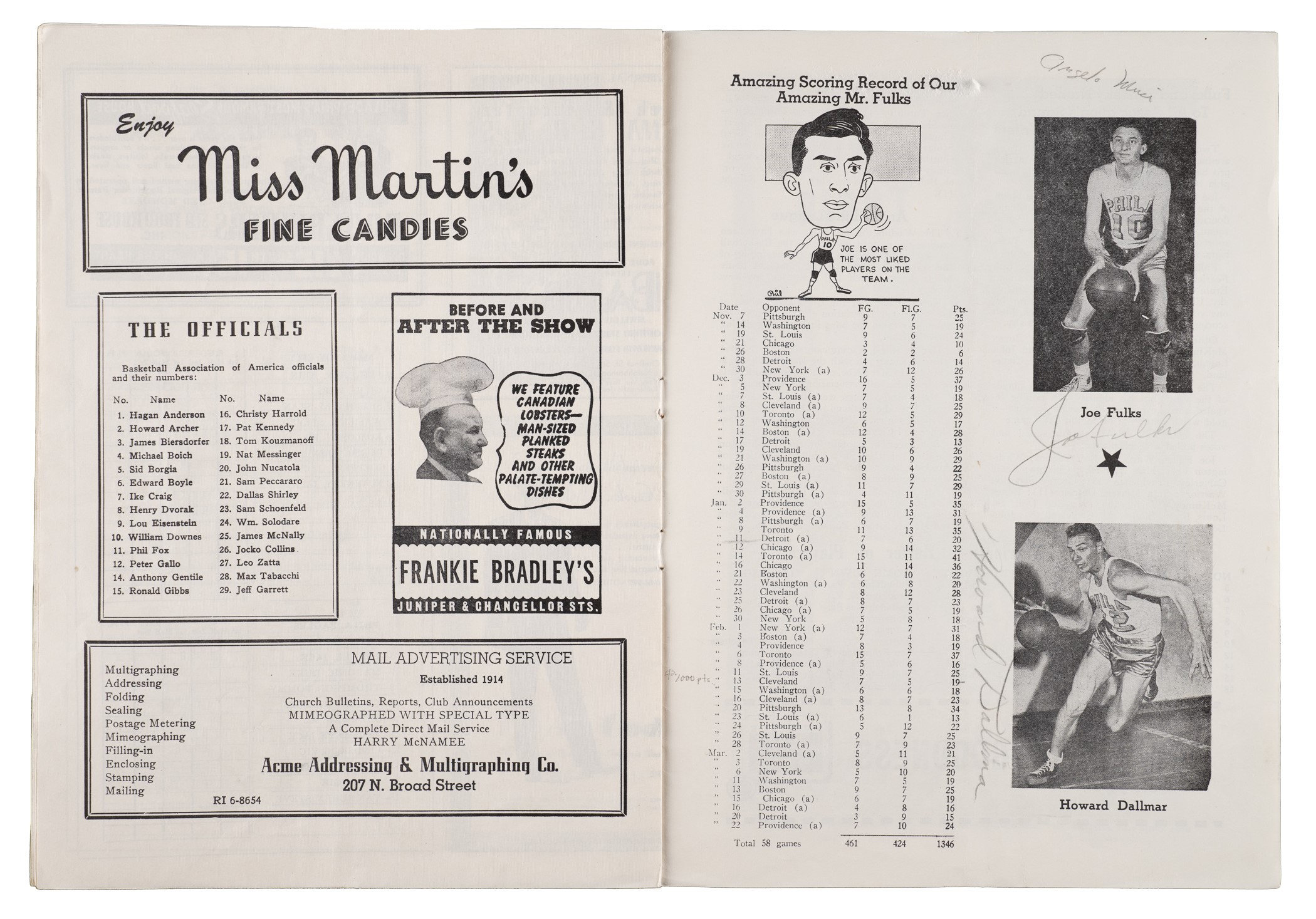 1947 Philadelphia Warriors (vs. Chicago Stags) Multi-Signed Program ...