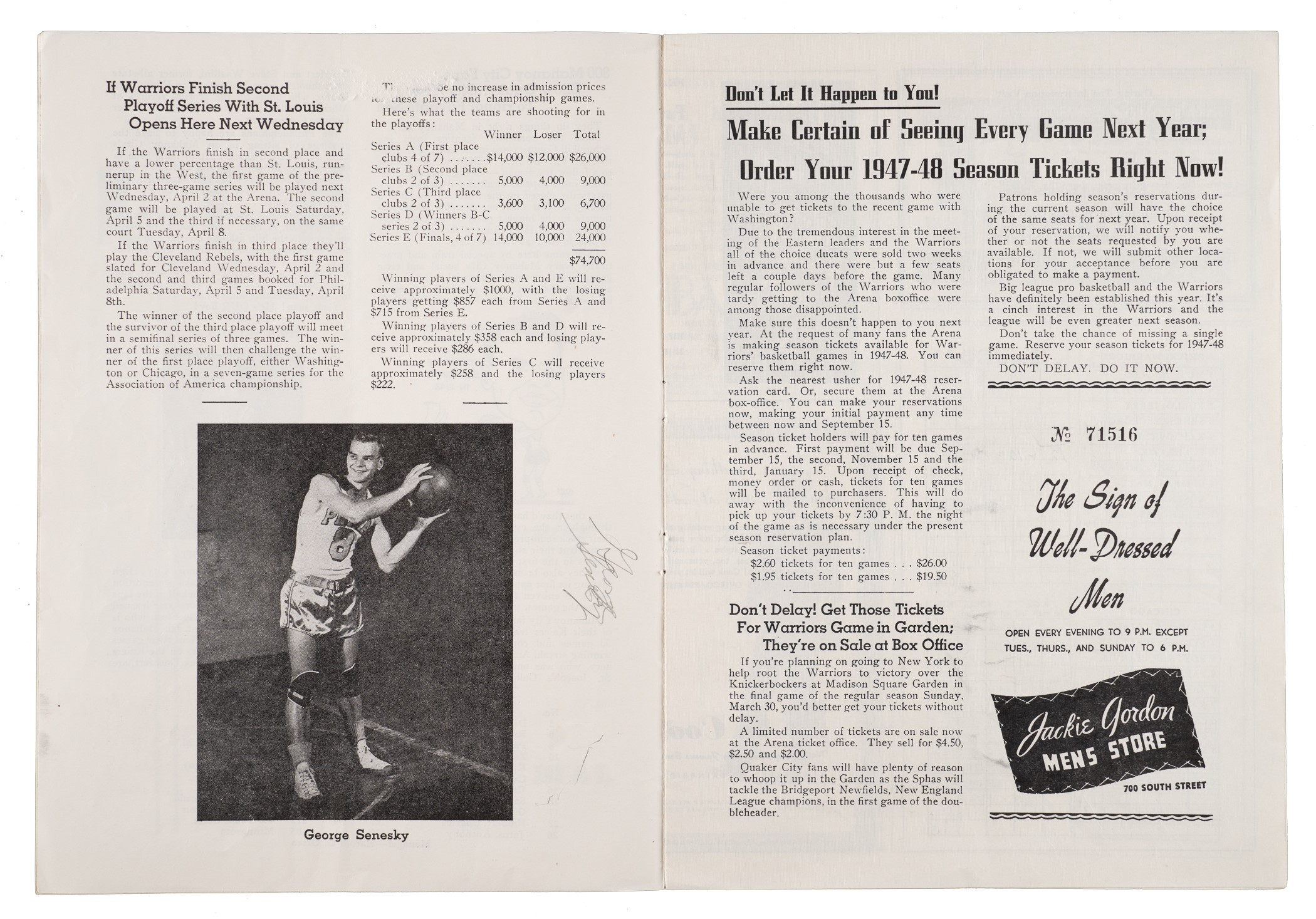 1947 Philadelphia Warriors (vs. Chicago Stags) Multi-Signed Program ...