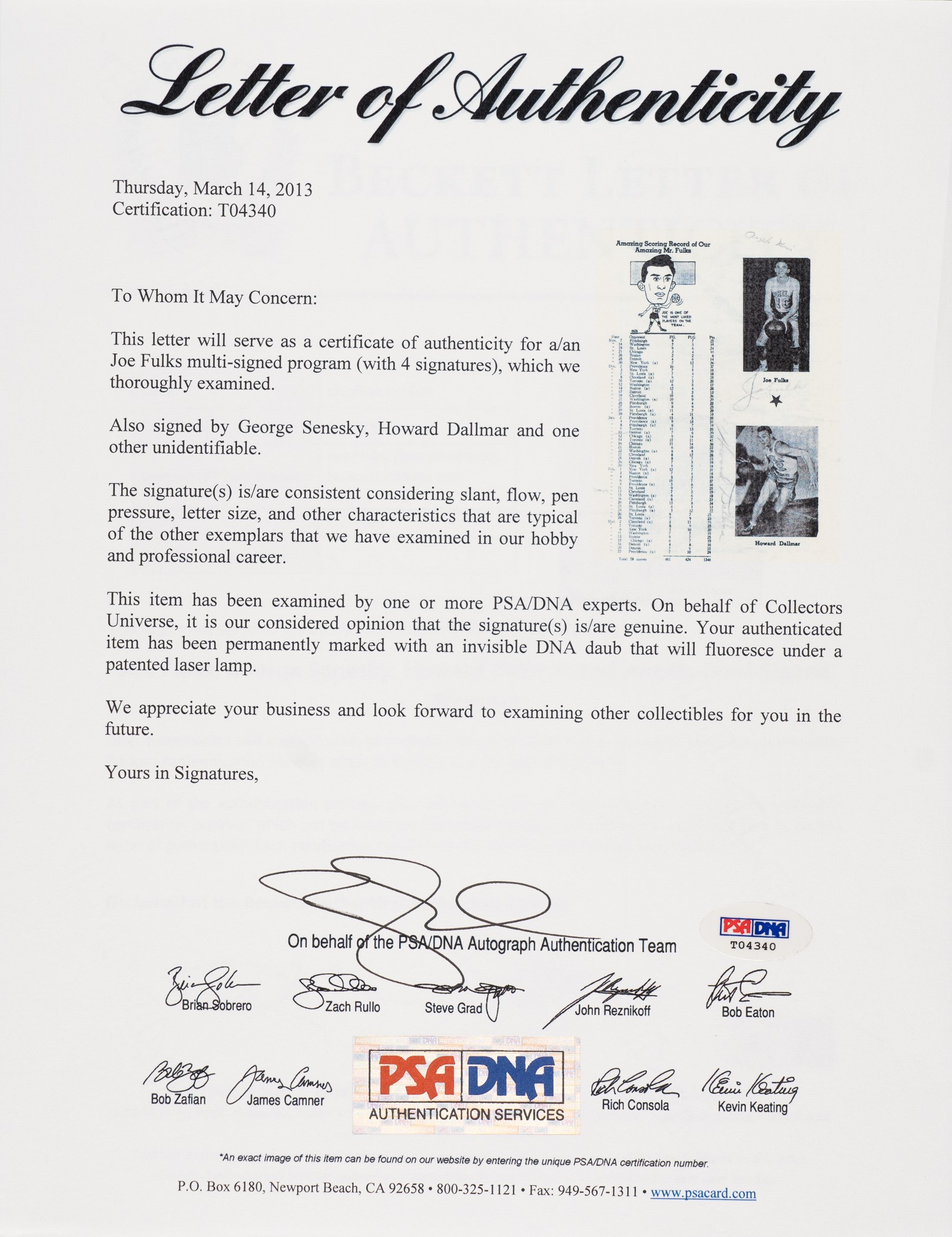 1947 Philadelphia Warriors (vs. Chicago Stags) Multi-Signed Program ...