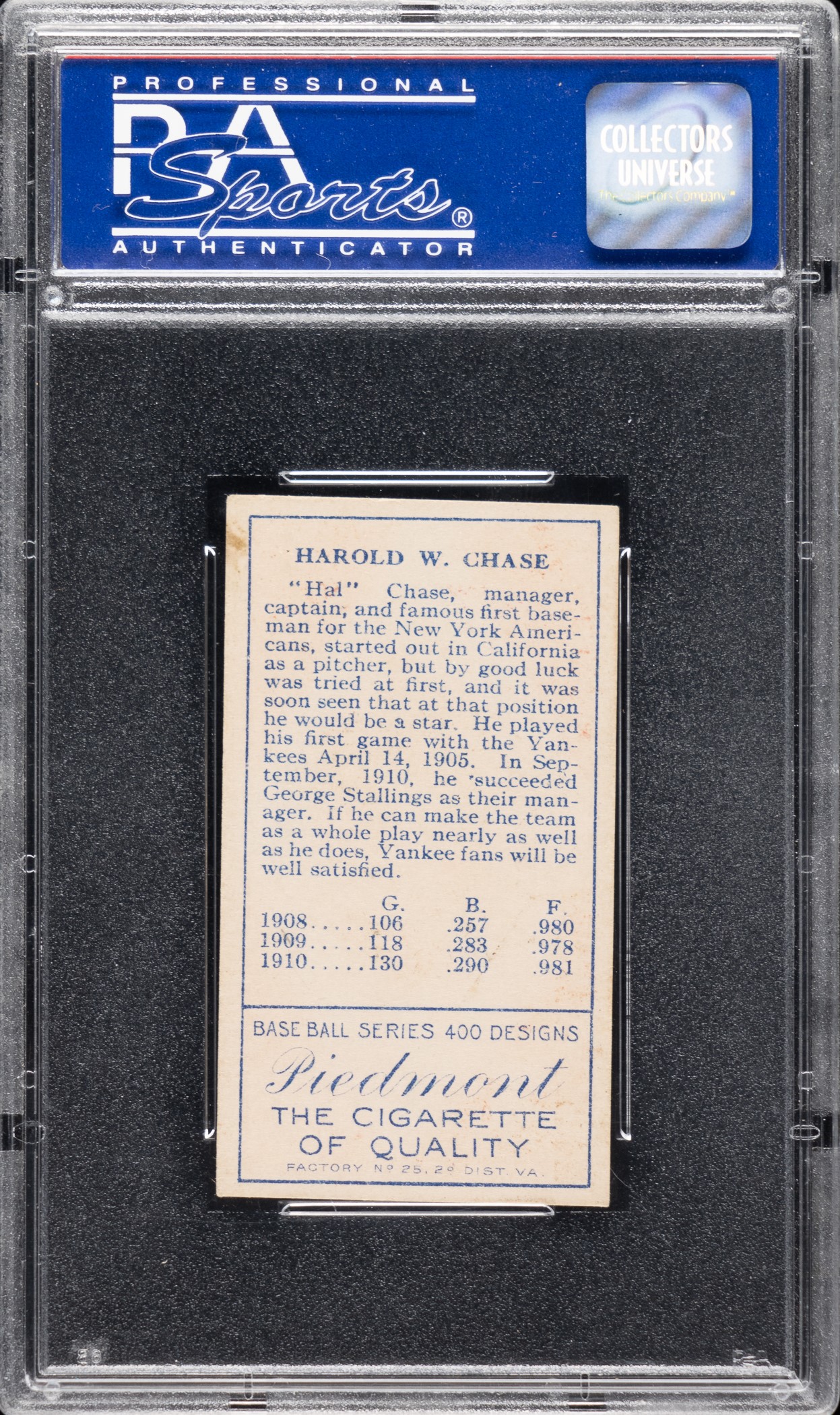 1911 T205 Gold Border Hal Chase Left Ear PSA EX-MT 6 | REA Archive