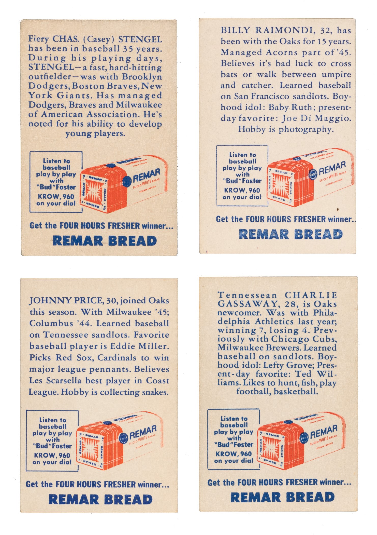 1946 Remar Bread Oakland Oaks Complete Set (23) | REA Archive