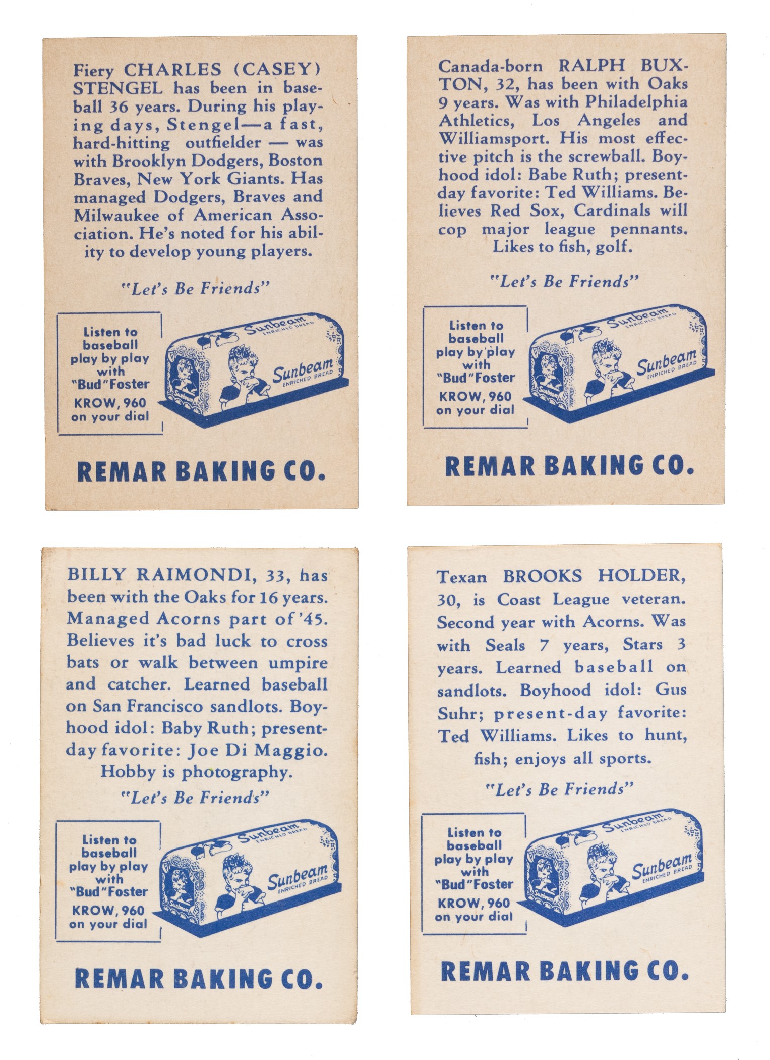 1947 Remar Bread Oakland Oaks Complete Set (25) | REA Archive
