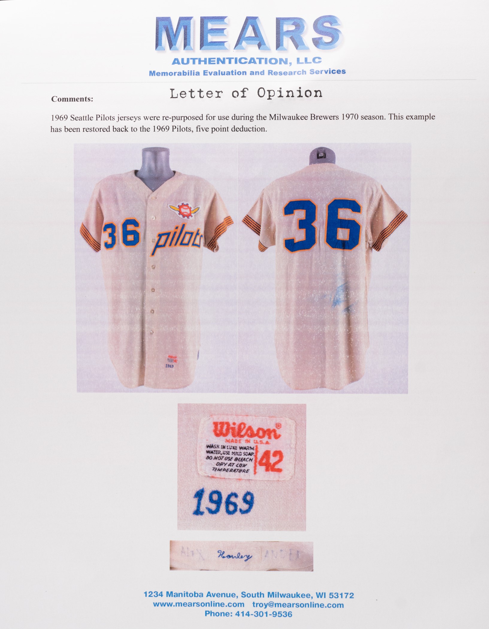 1969 Steve Hovley Seattle Pilots Game-Used Home Jersey MEARS A5 | REA ...