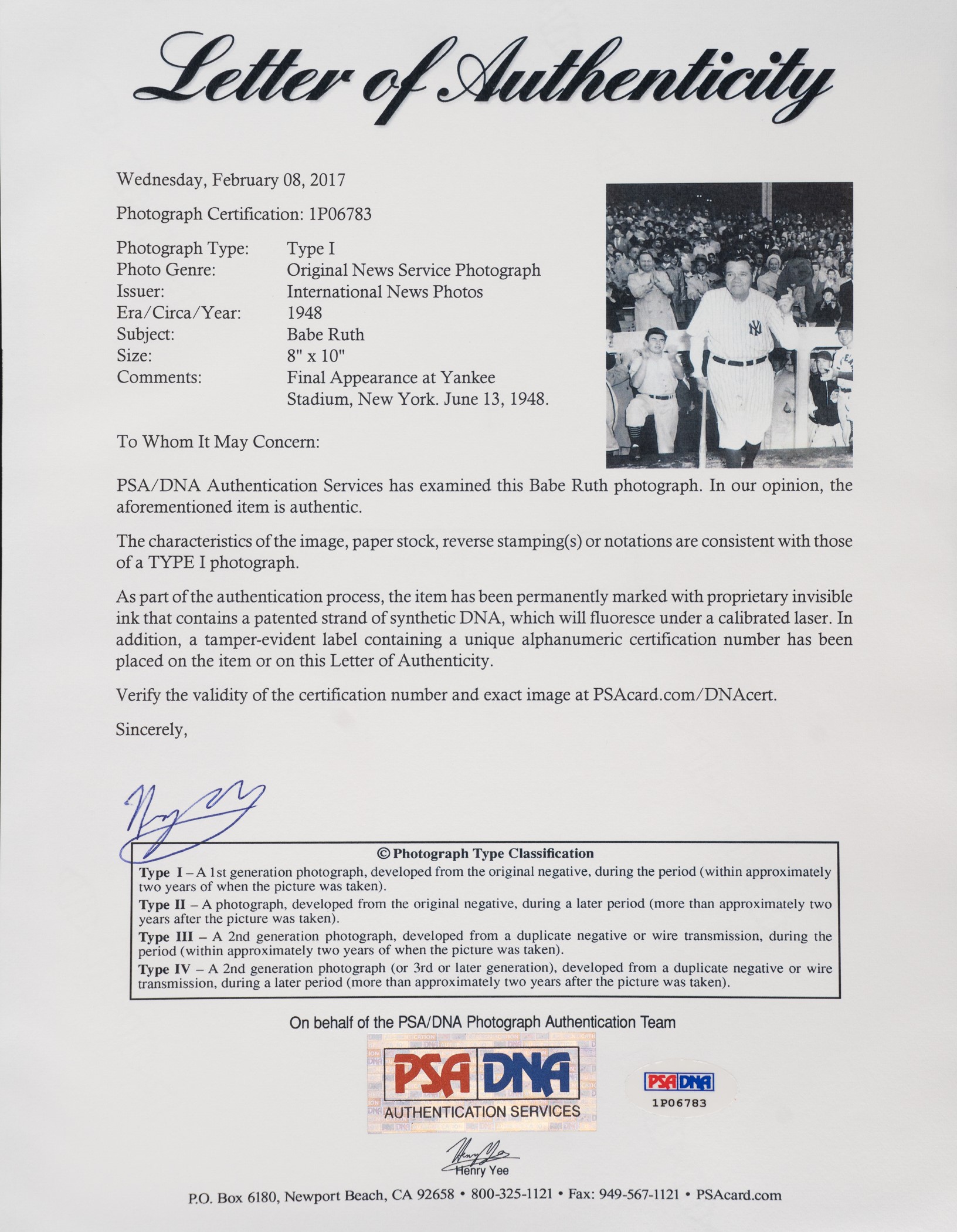 1948 Babe Ruth Original International News Service Photograph PSA/DNA ...