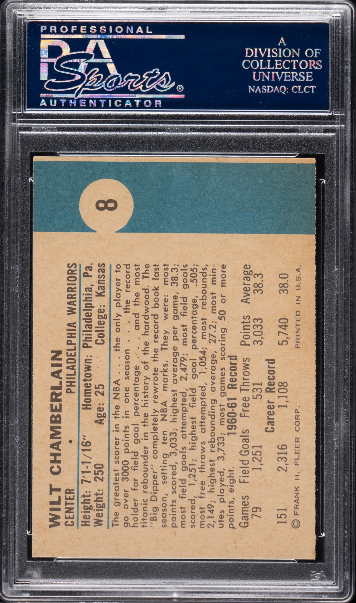 1961-1962 Fleer Basketball #8 Wilt Chamberlain Rookie PSA NM-MT 8 | REA ...