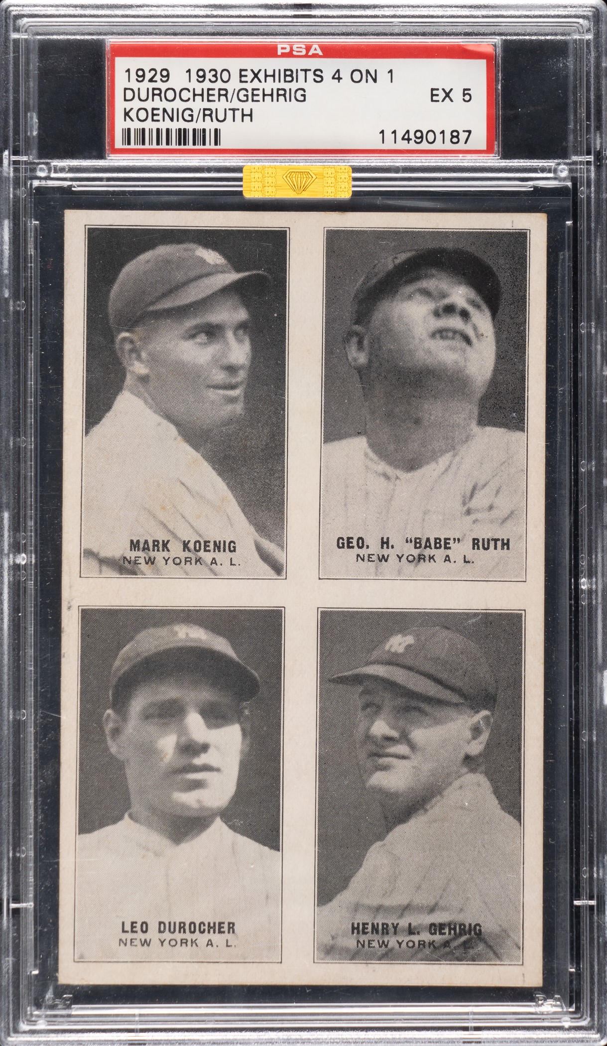 1929-1930 Exhibits 4-on-1 with Babe Ruth, Lou Gehrig, and Leo Durocher PSA EX 5 | REA Archive