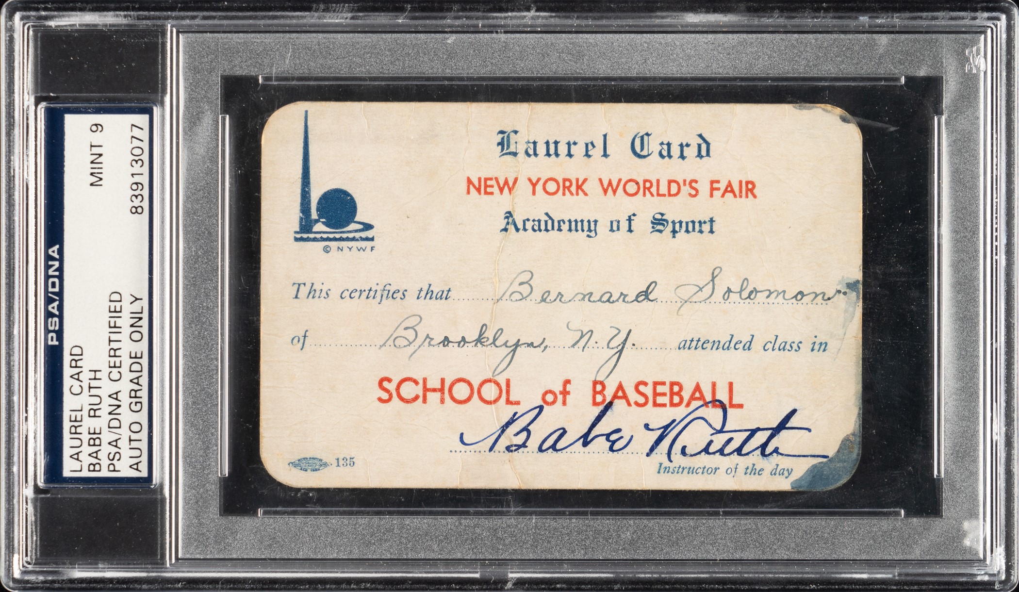 1939 Babe Ruth Signed New York World's Fair Laurel Card PSA/DNA MINT 9 ...