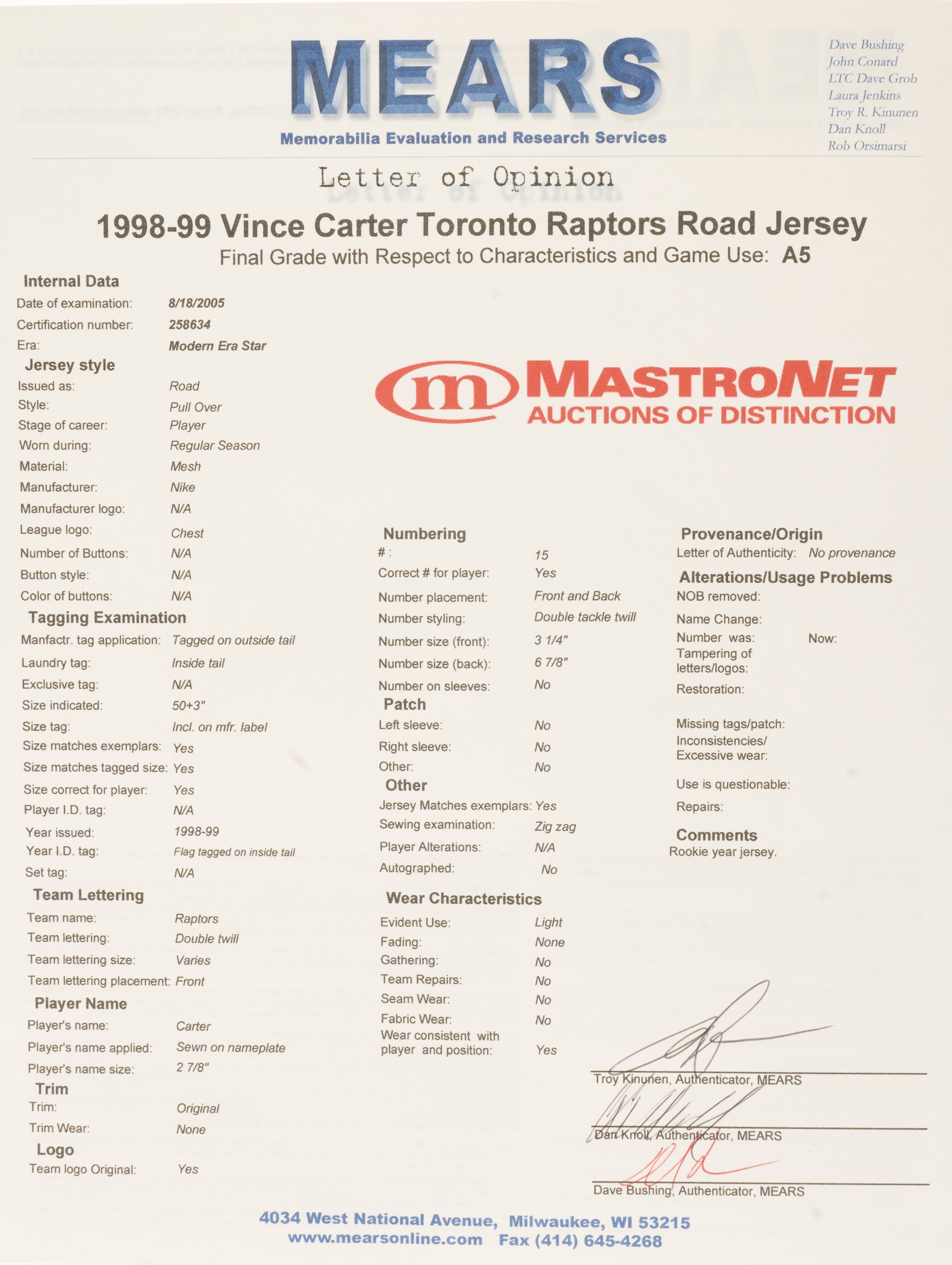 1998-1999 Vince Carter Toronto Raptors Game-Used Rookie Road Jersey ...