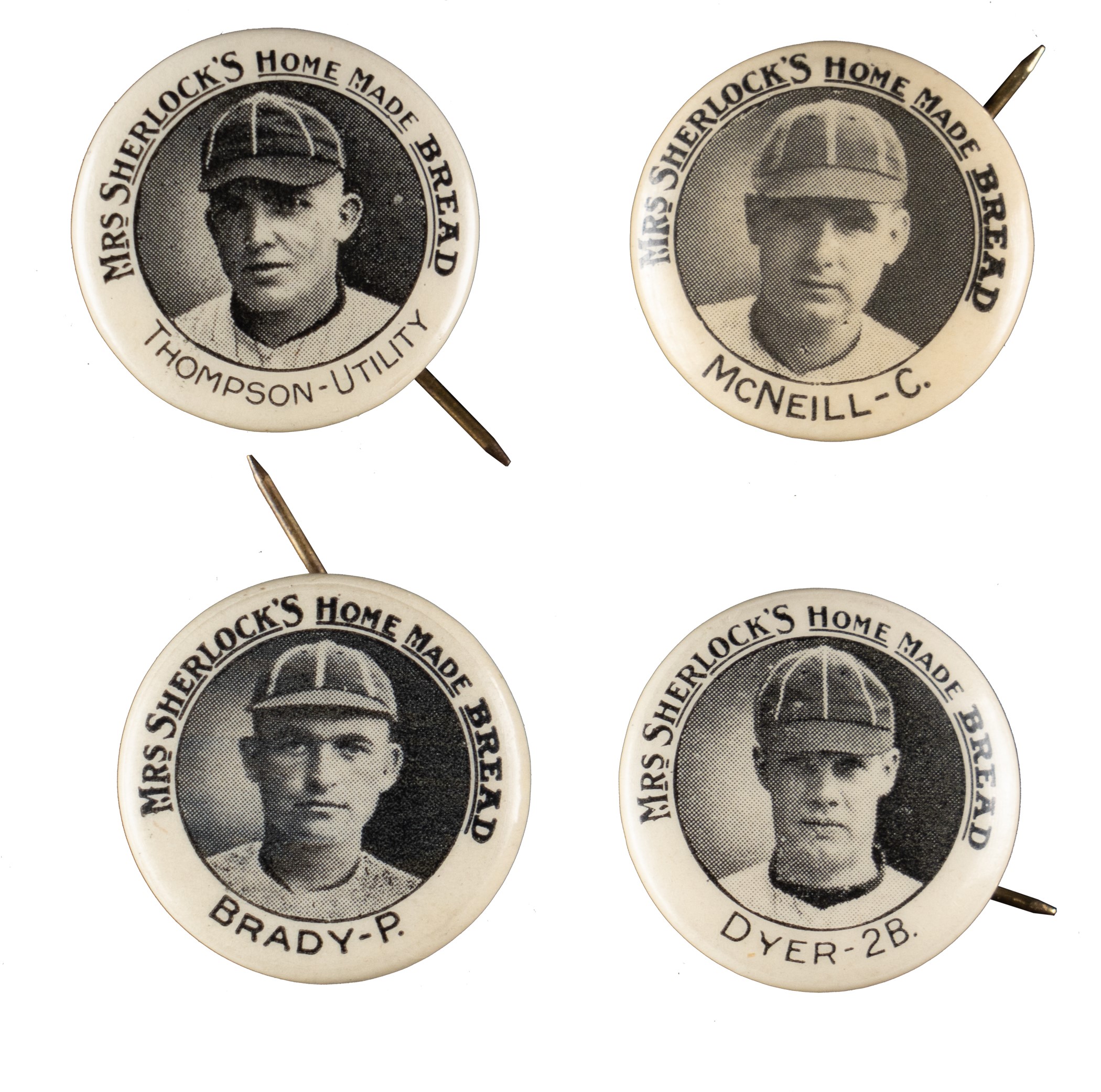 1920 Mrs. Sherlock's Bread Pins Collection (4) Including Brady, Dyer ...