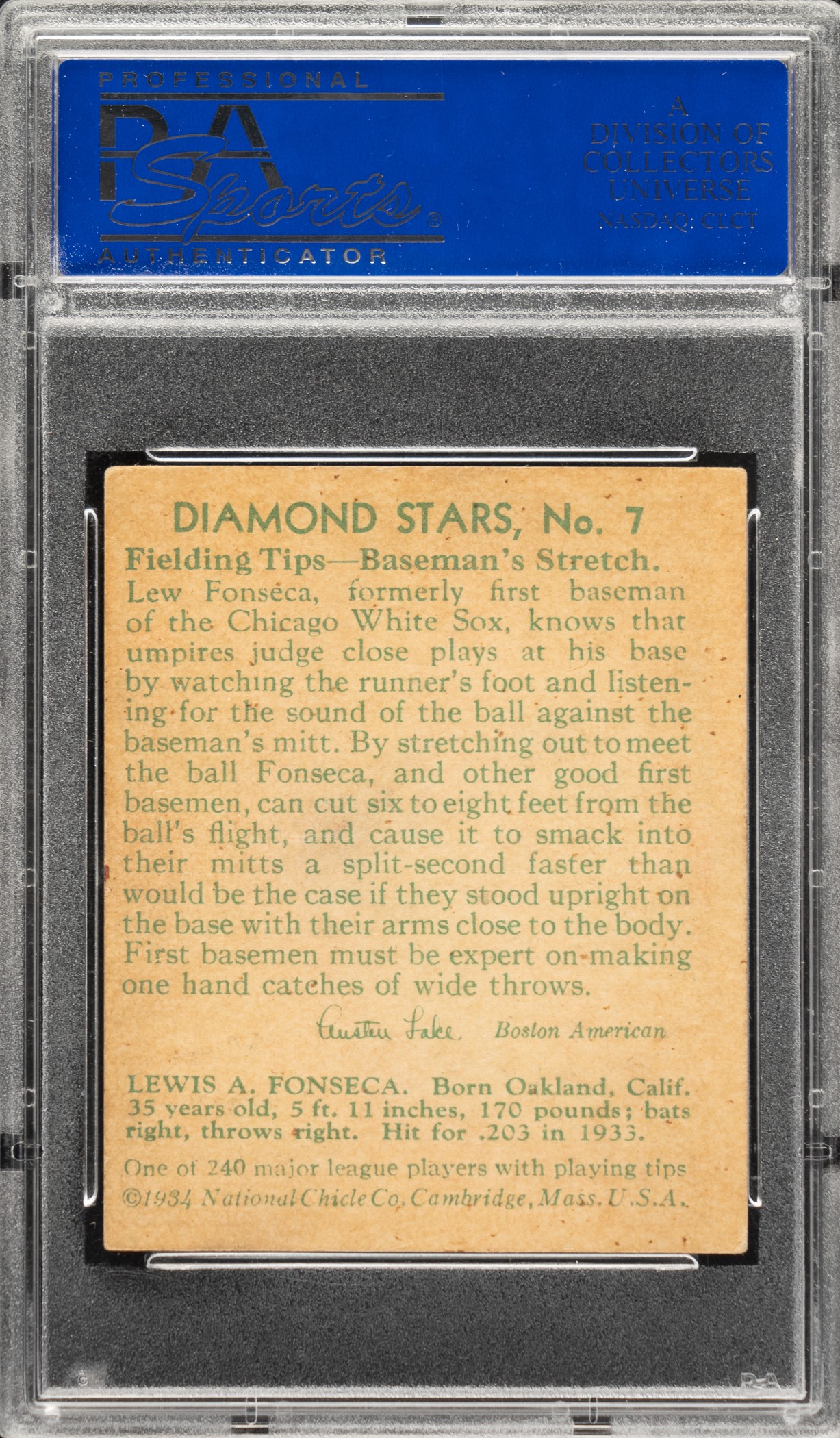 1934-1936 R327 Diamond Stars #7 Lew Fonseca 34 Years Old (1934 Green ...