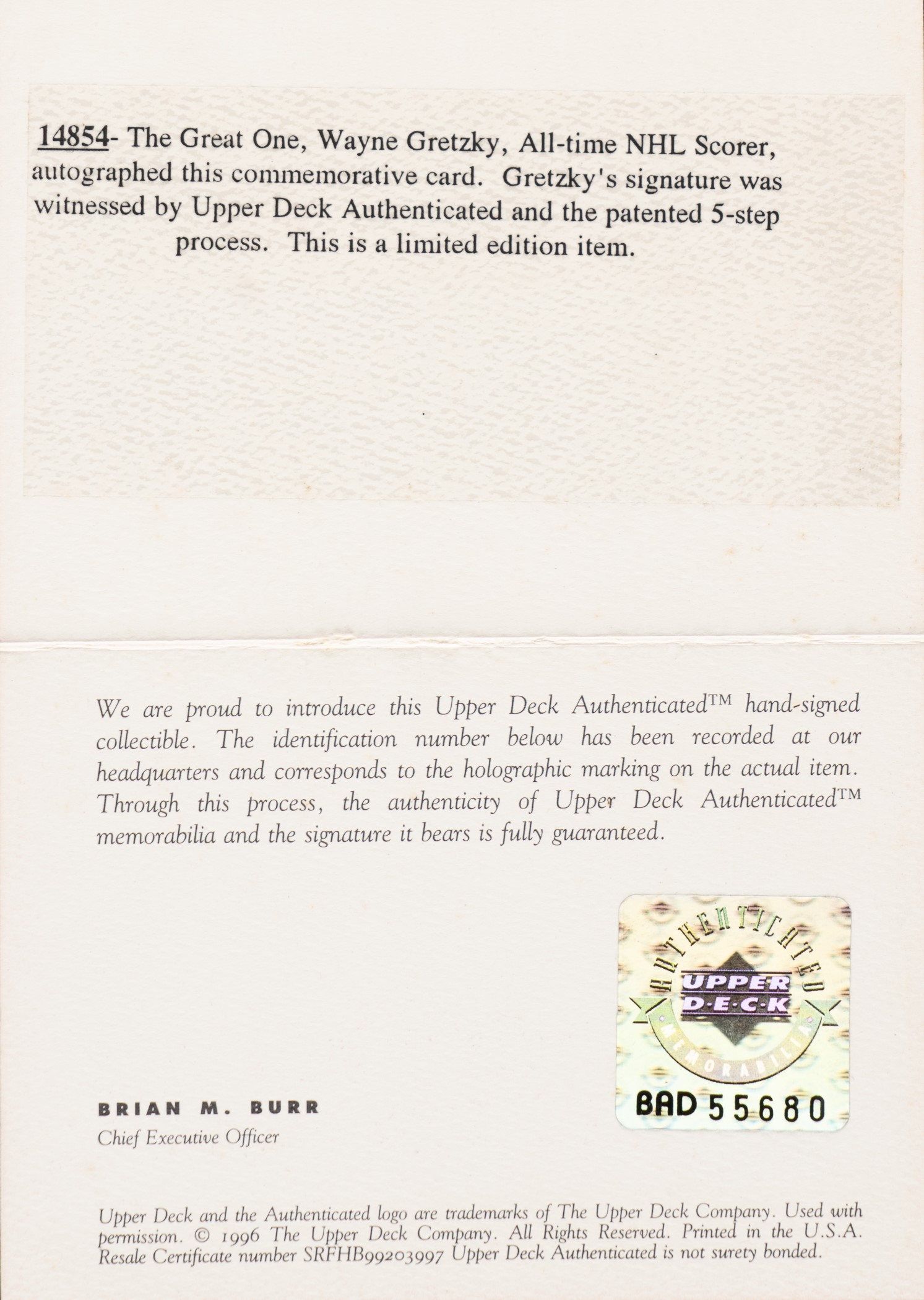 Signed 1996 Upper Deck Hockey Authenticated National Hero #NH1 Wayne ...