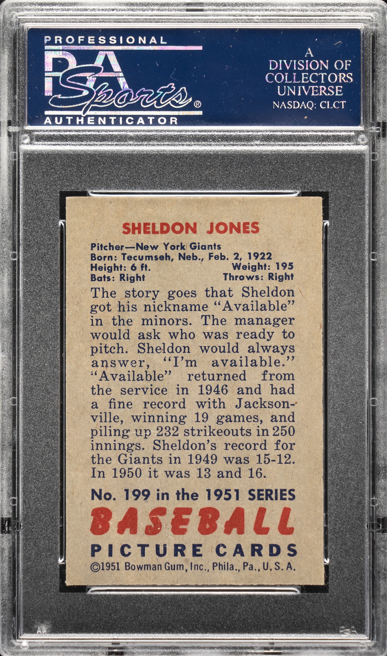 1951 Bowman #199 Sheldon Jones PSA EX-MT 6 | REA Archive