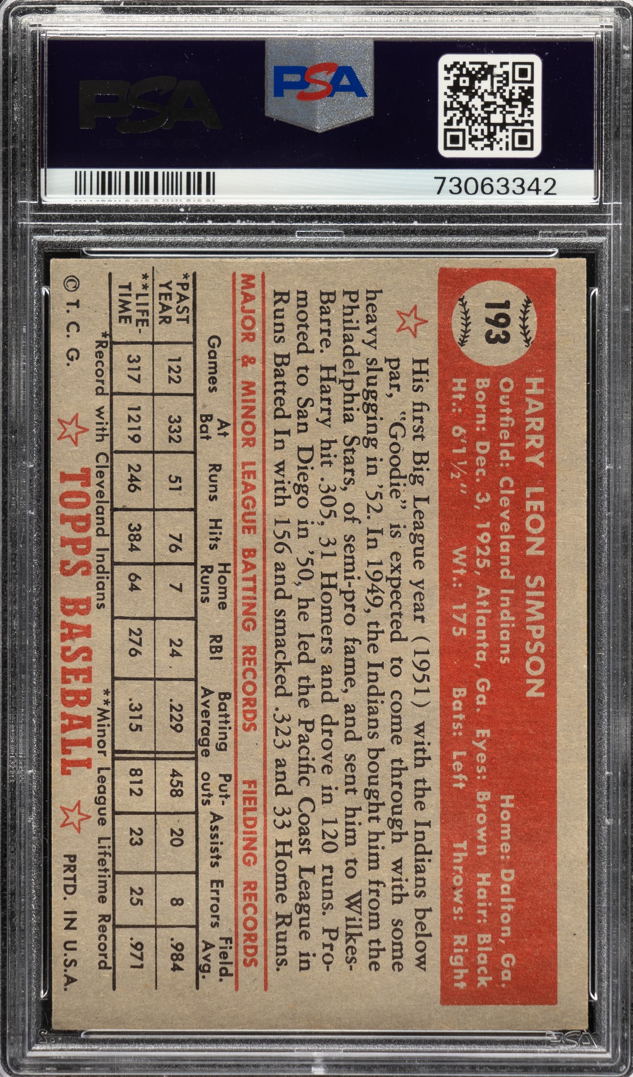 1952 Topps #193 Harry Simpson PSA EX-MT 6 | REA Archive