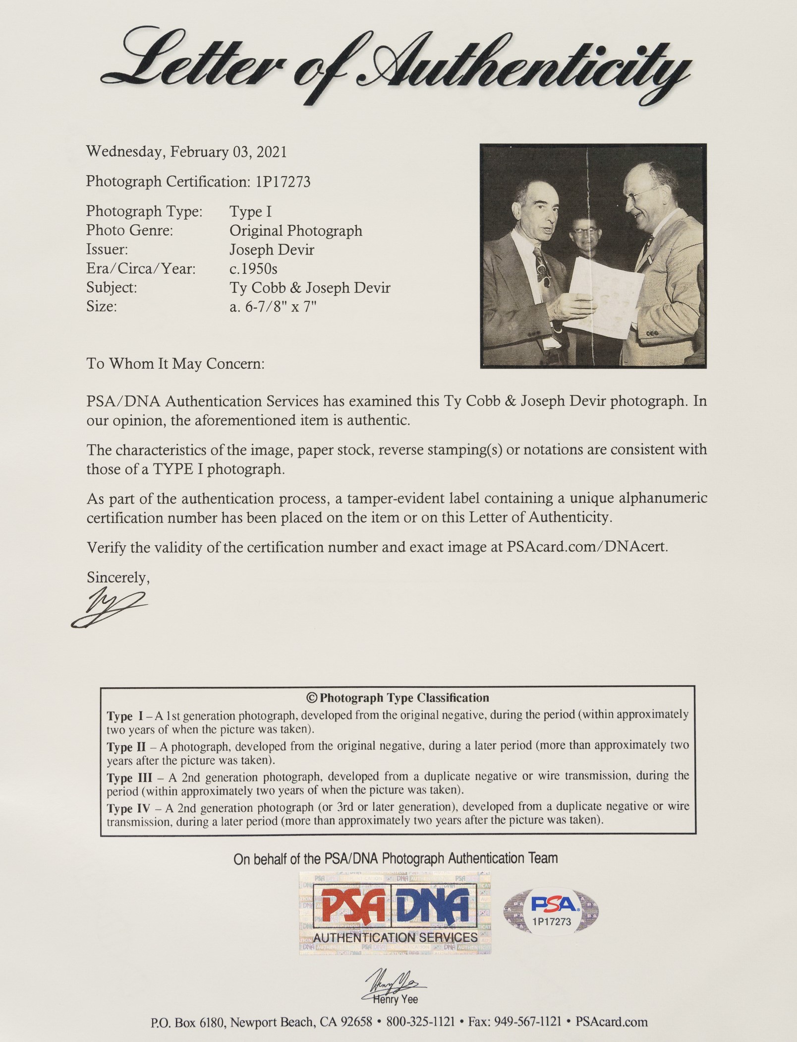 Circa 1950s Ty Cobb and Joseph Devir Original Joseph Devir Photograph ...