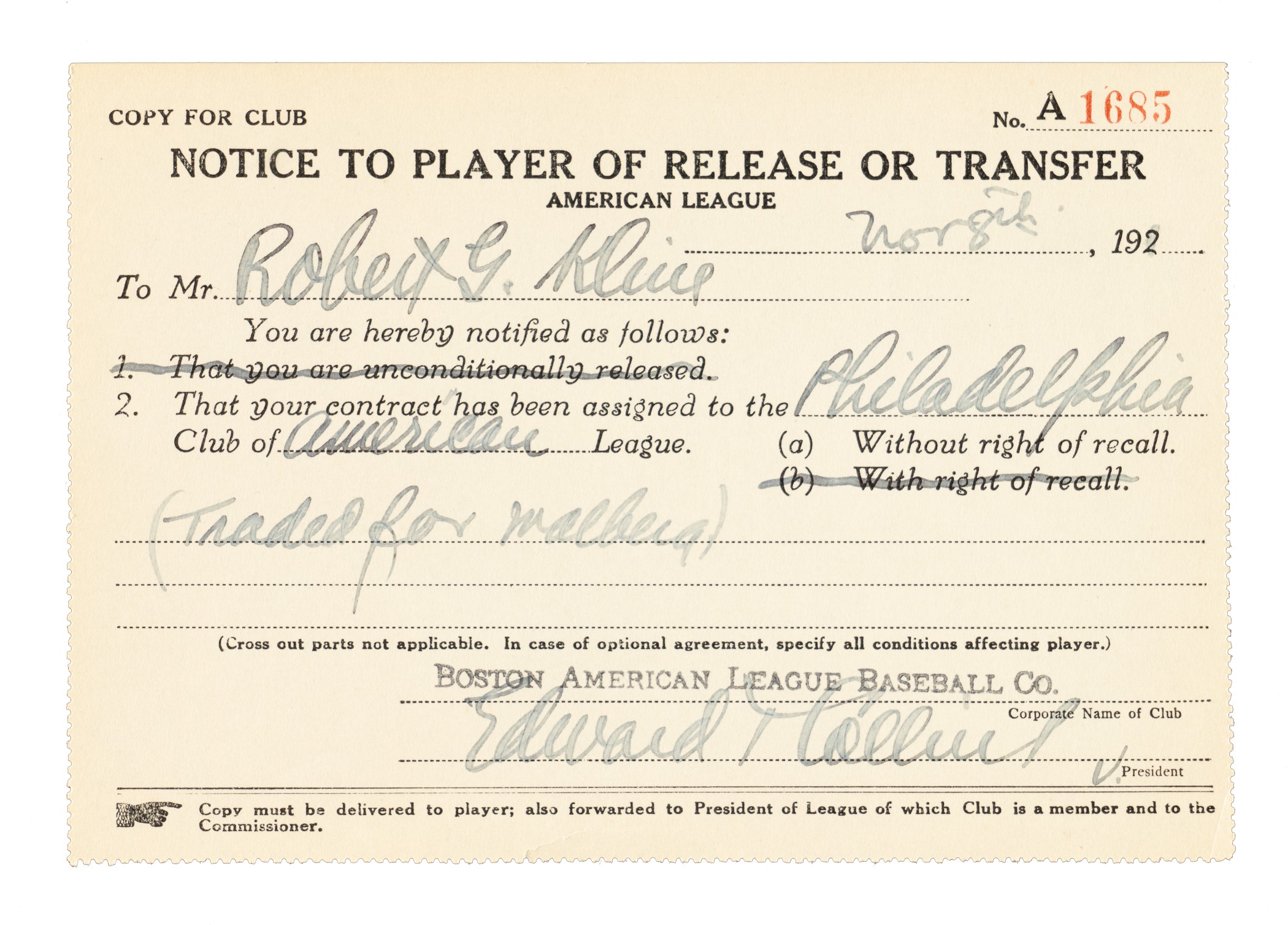 1933 Eddie Collins Signed Philadelphia Athletics Trade Slip - "Black ...