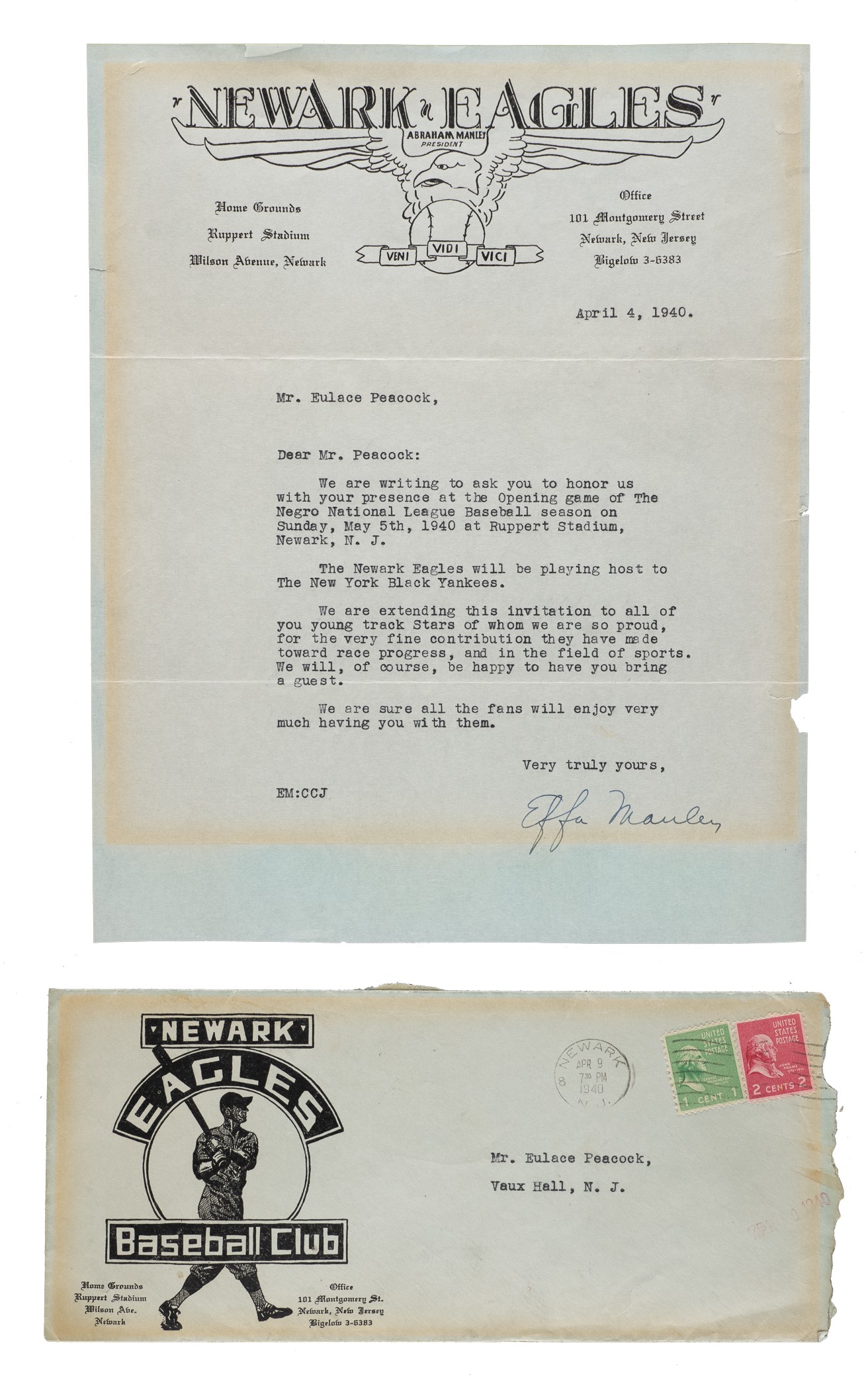 1940 Effa Manley Signed Letter on Newark Eagles Letterhead with ...