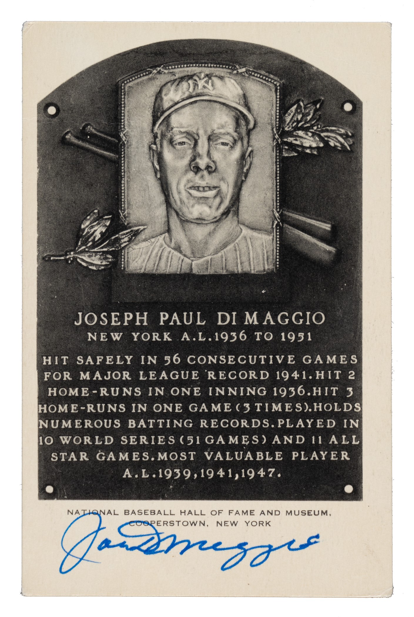 Signed 1953-1955 Artvue (Type 1) Black-and-White Hall of Fame Postcard ...