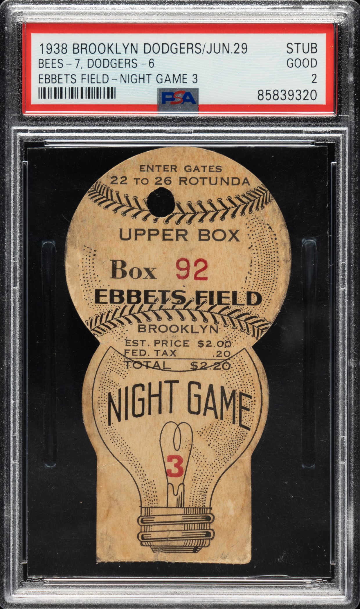 June 29, 1938 Brooklyn Dodgers (vs. Boston Bees) Ebbets Field Night ...