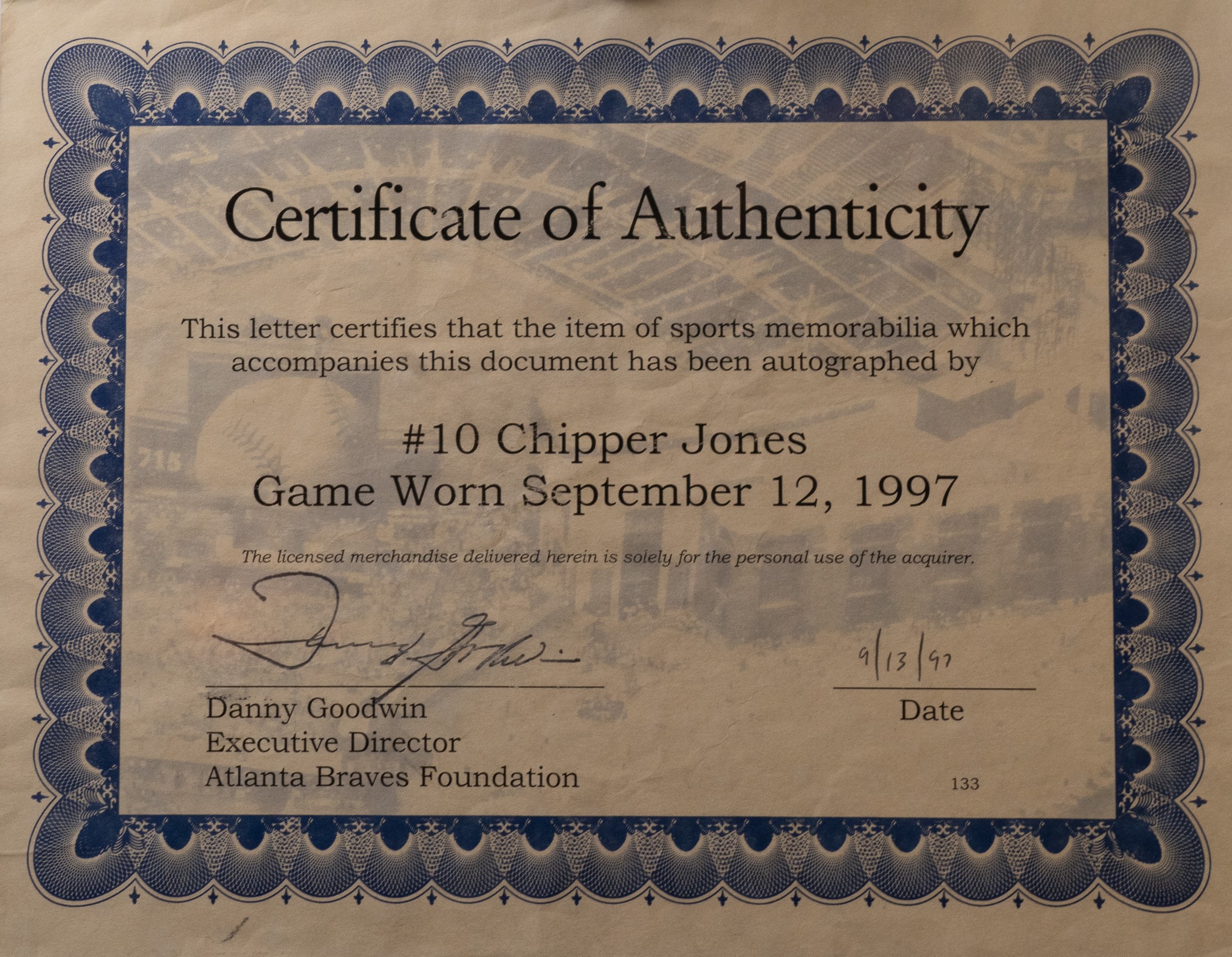 1997 Chipper Jones Atlanta Braves Signed Game-Used Home Jersey - Team ...