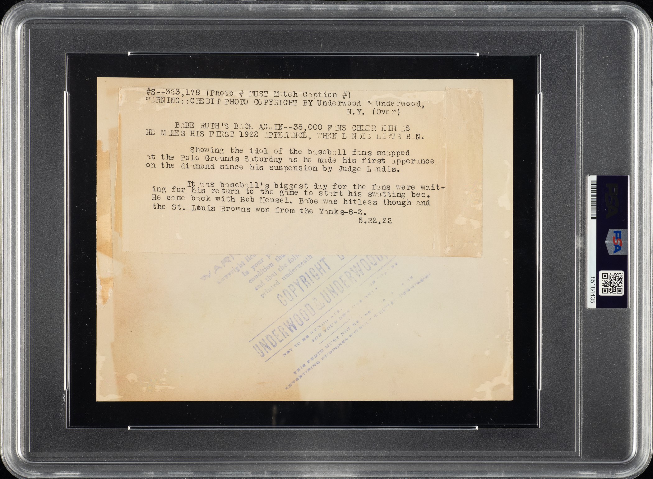 1922 Babe Ruth Original Underwood & Underwood Photograph PSA/DNA Type I ...