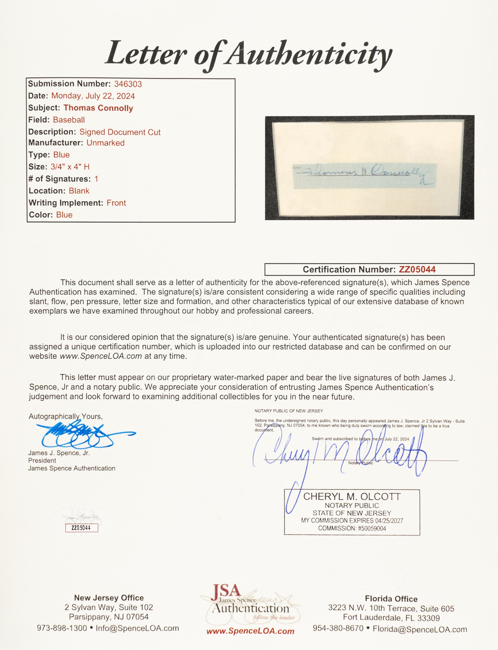 Thomas Connolly Cut Signature (Laminated) - JSA | REA Archive