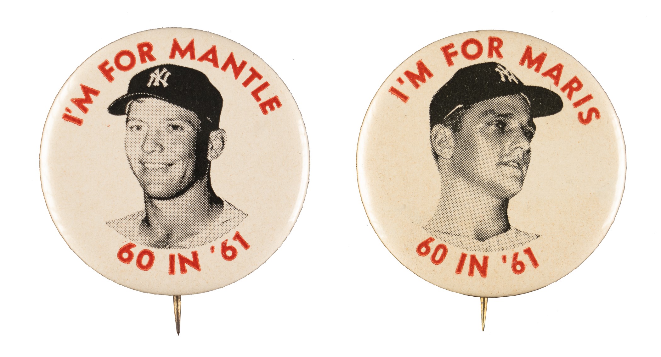 1961 "I'm For Mantle" and "I'm For Maris" Stadium Pin Set (Ex-Barry ...