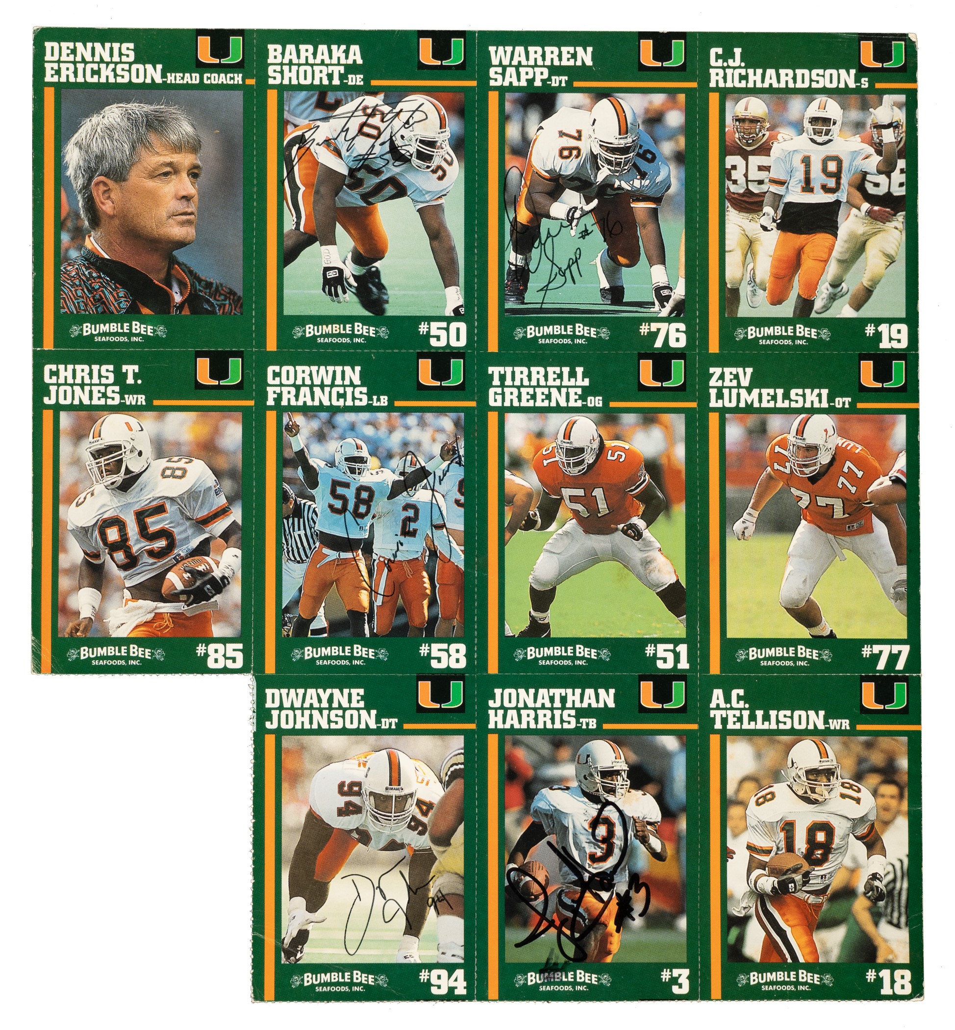 Signed 1994 Bumble Bee University of Miami Hurricanes Uncut Sheet (11 ...