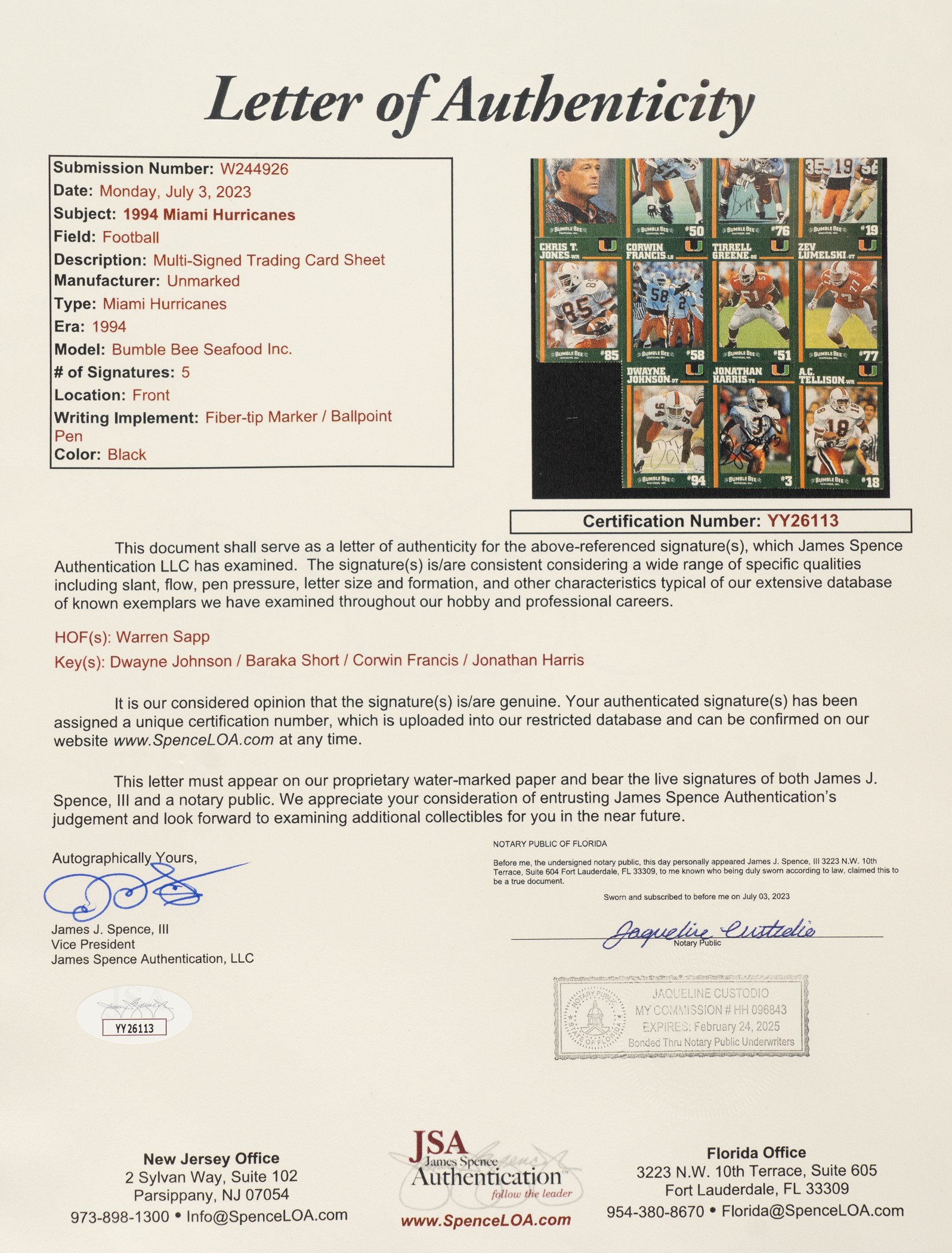 Signed 1994 Bumble Bee University of Miami Hurricanes Uncut Sheet (11 ...