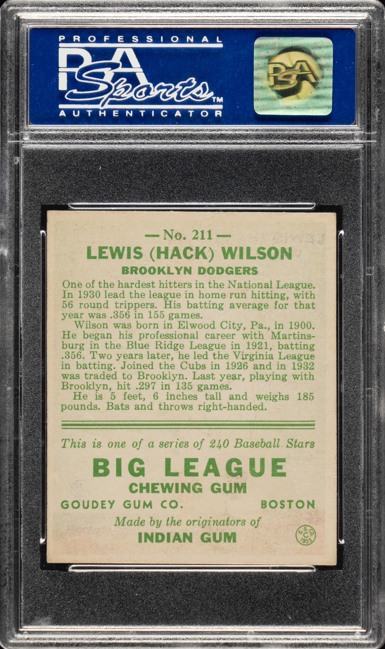 1933 R319 Goudey #211 Hack Wilson PSA NM-MT 8 | REA Archive